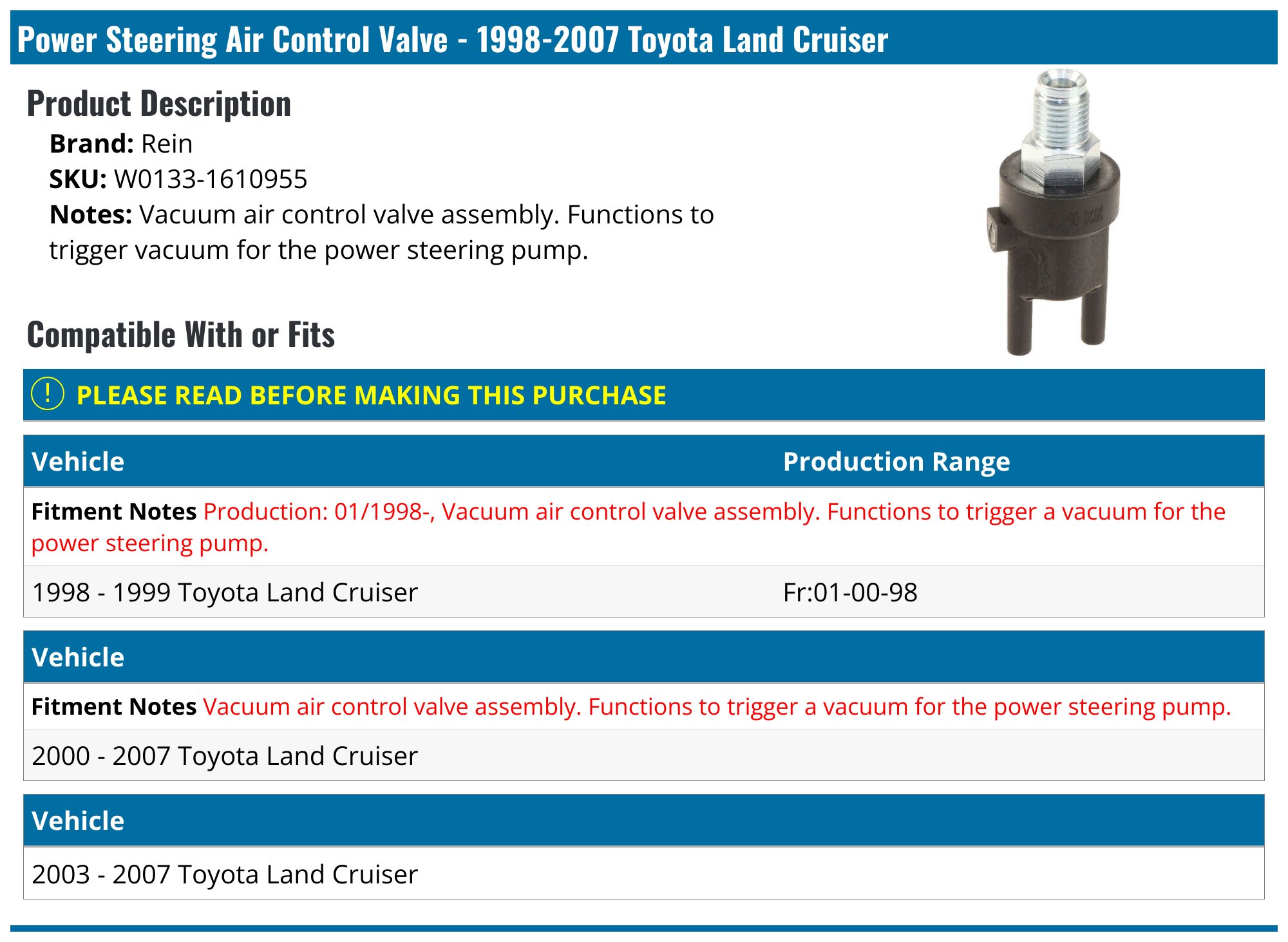 1998-2007 Toyota Land Cruiser Power Steering Air Control Valve - Rein ...