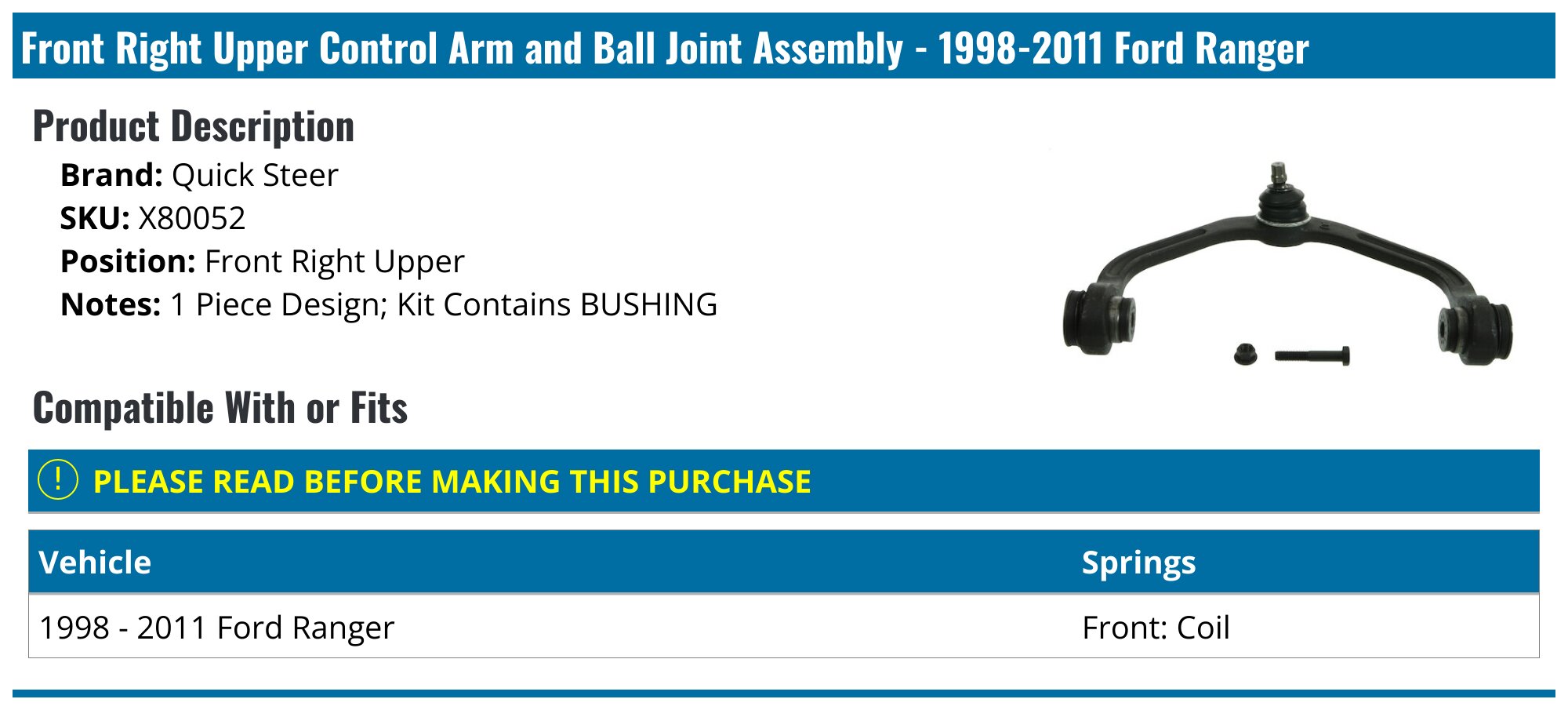 1998-2011 Ford Ranger Control Arm - Quick Steer X80052 - Front Right ...