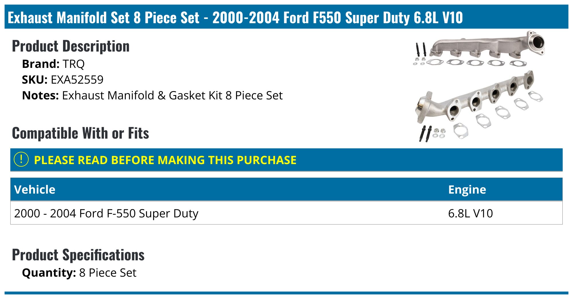 2000-2004 Ford F550 Super Duty Exhaust Manifold - TRQ EXA52559 - Left ...