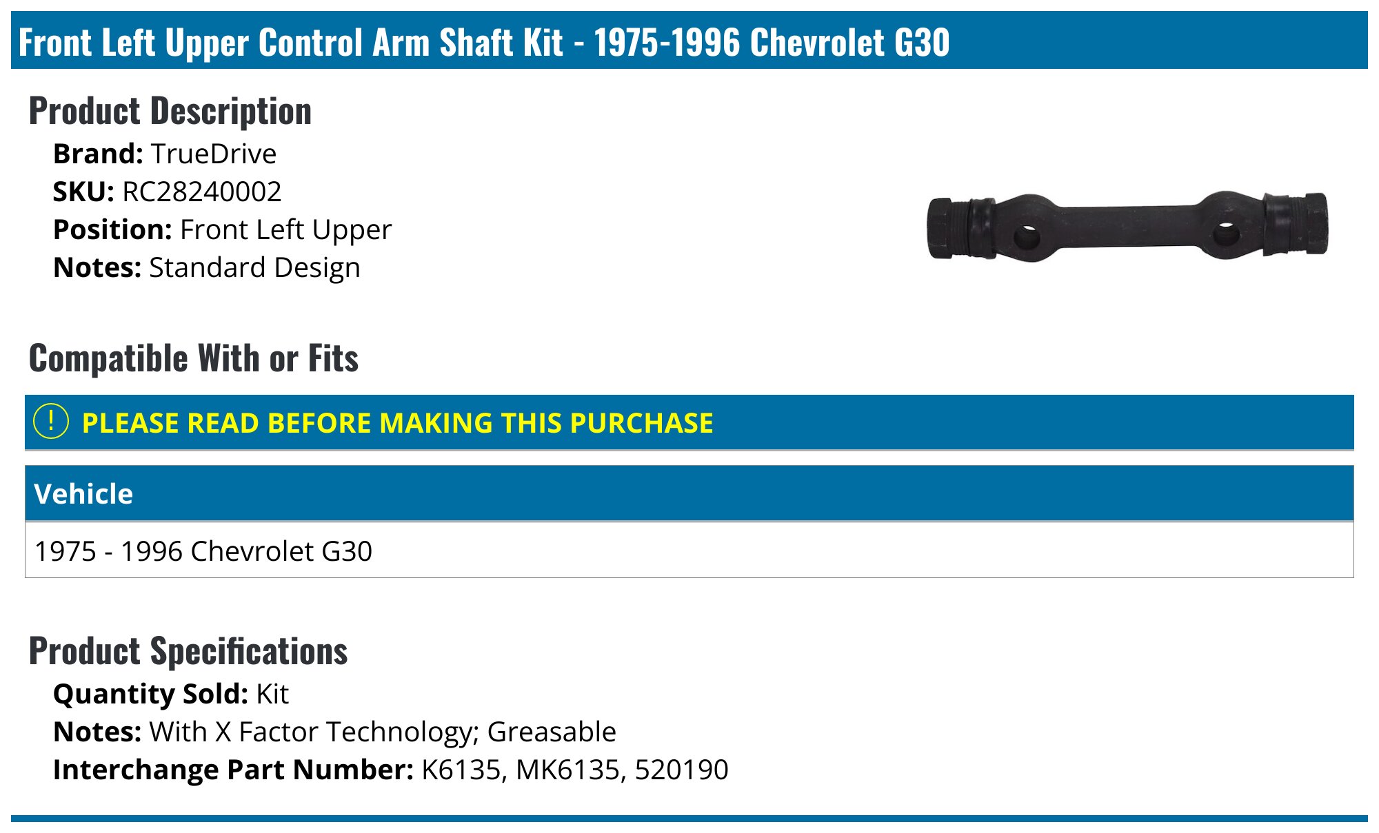 1975-1996 Chevrolet G30 Control Arm Shaft Kit - TrueDrive RC28240002 ...