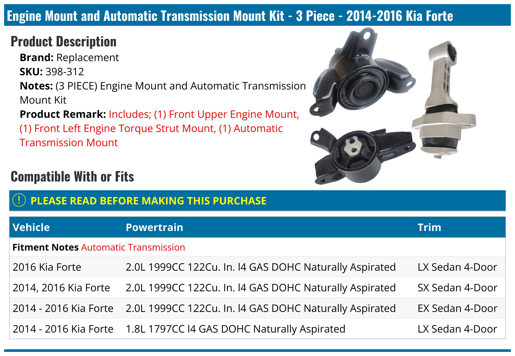 2014-2016 Kia Forte Engine Mount - Replacement 398-312 - PartsGeek.com