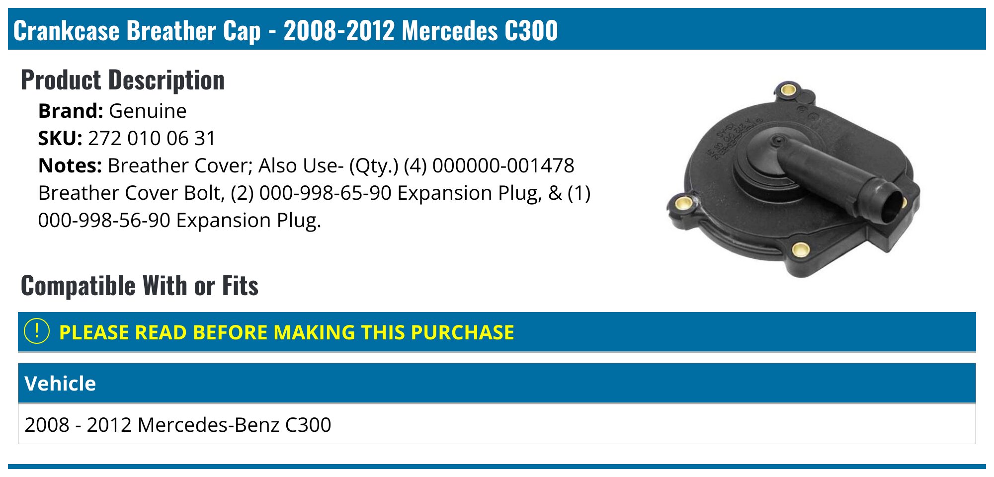 2008-2012 Mercedes C300 Crankcase Breather Cap - Genuine 272 010 06 31 ...