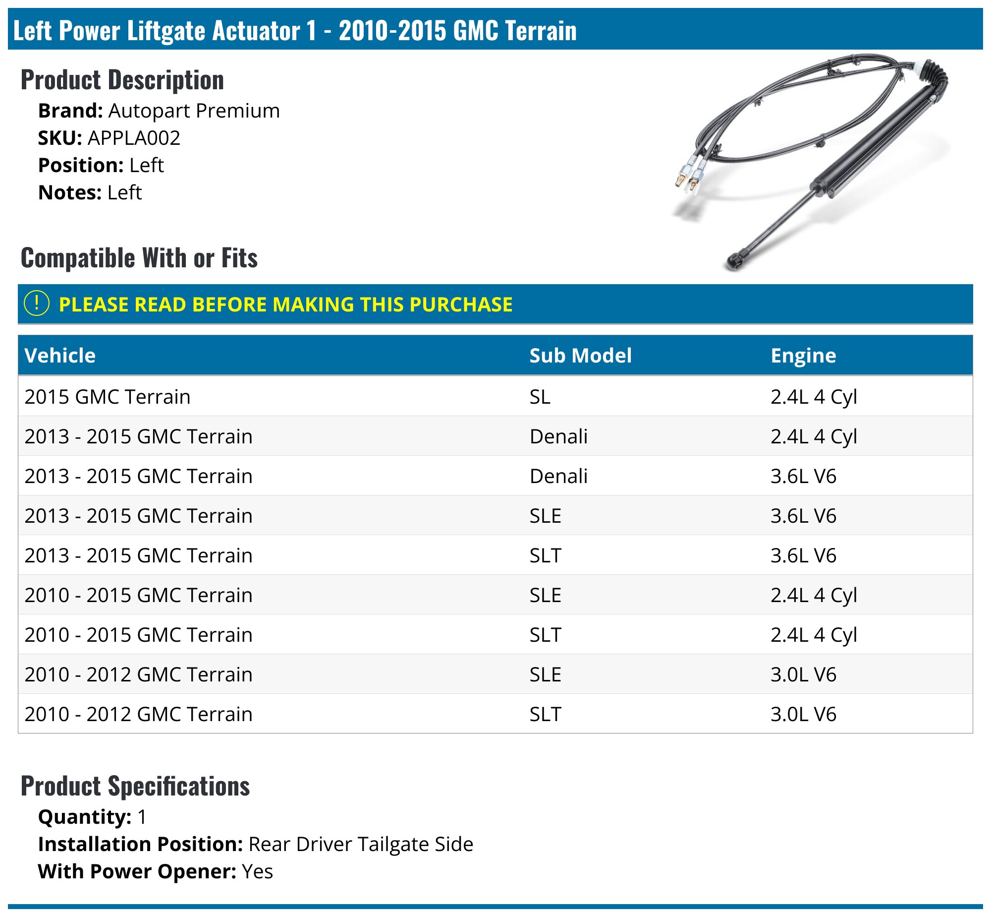 2010-2015 GMC Terrain Hatch Strut - Autopart Premium APPLA002 - Left ...
