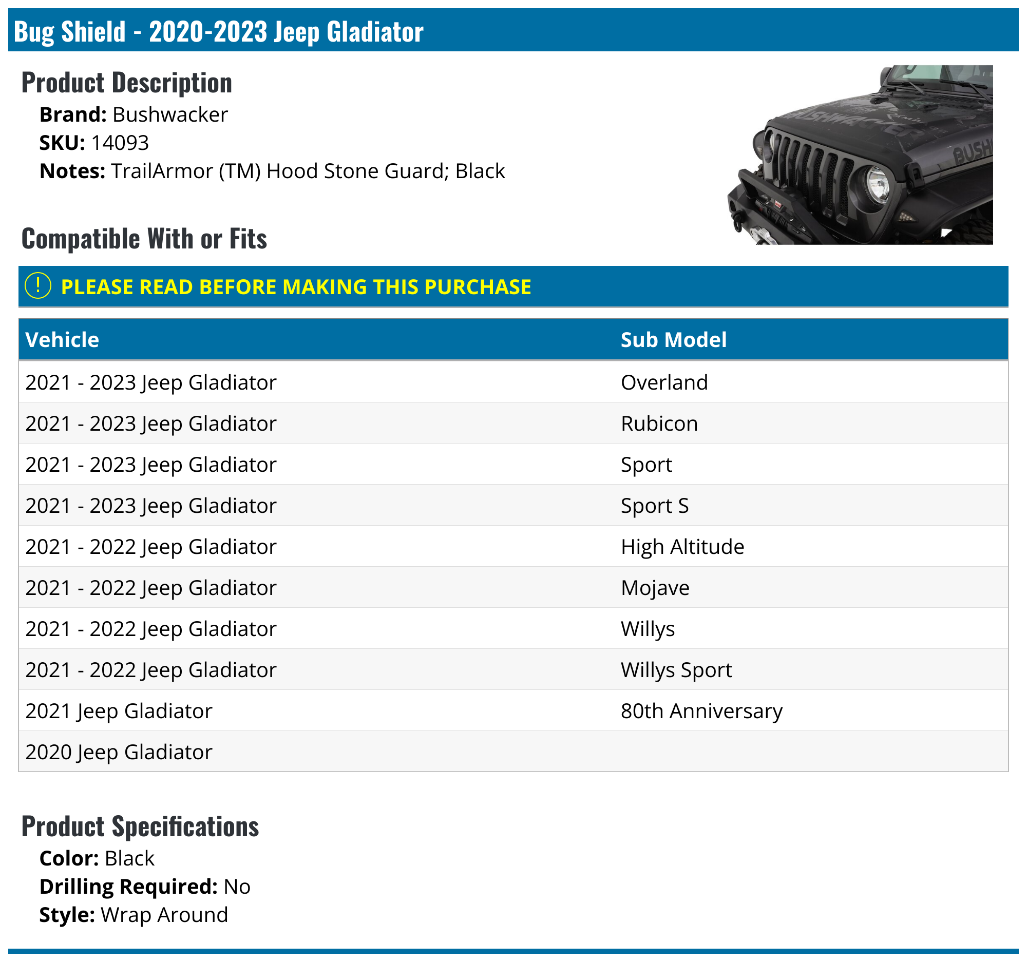 2020-2025 Jeep Gladiator Bug Shield - Bushwacker 14093 - PartsGeek.com