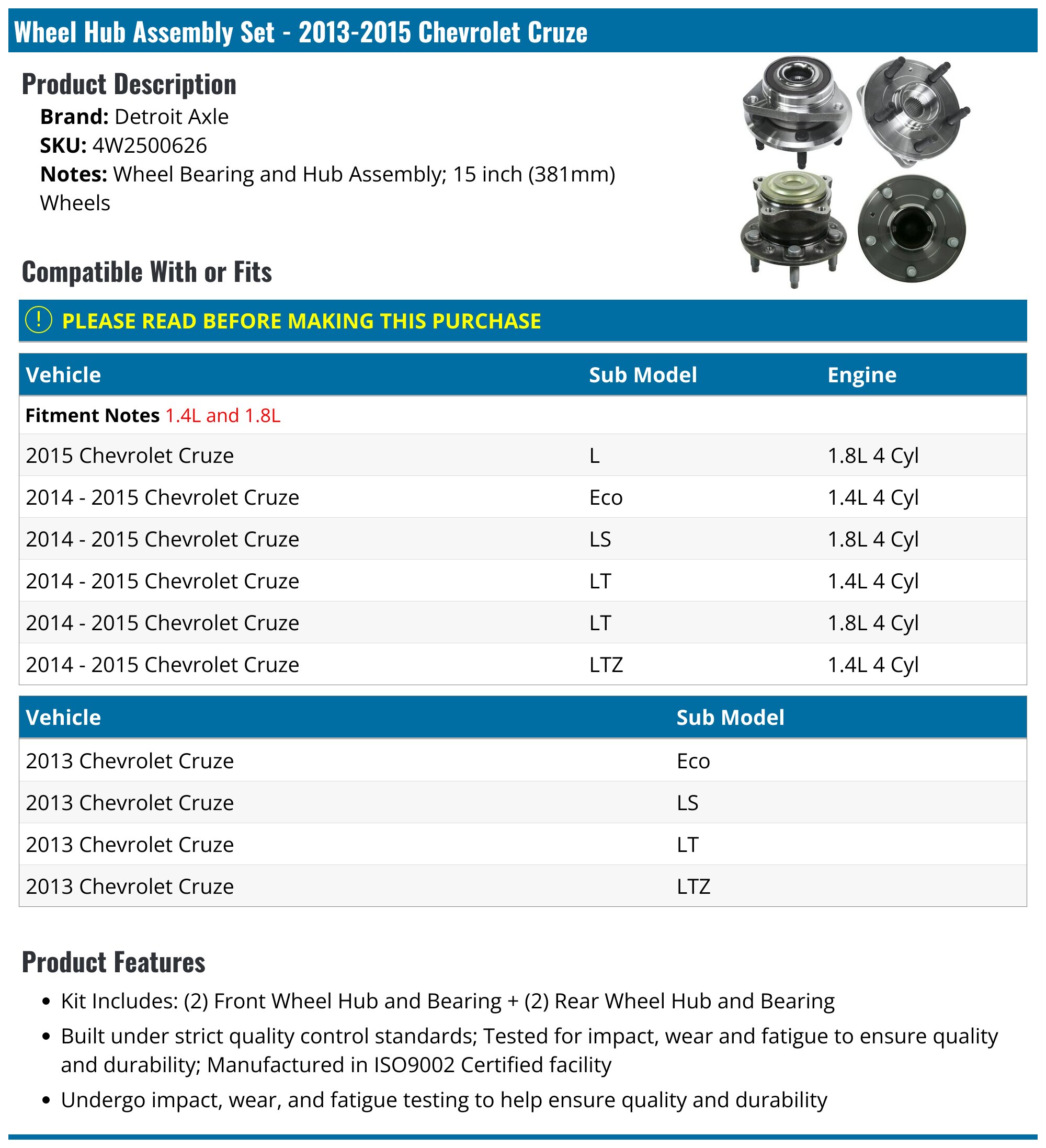 2013-2015 Chevrolet Cruze Wheel Hub Assembly - Detroit Axle 4W2500626 ...