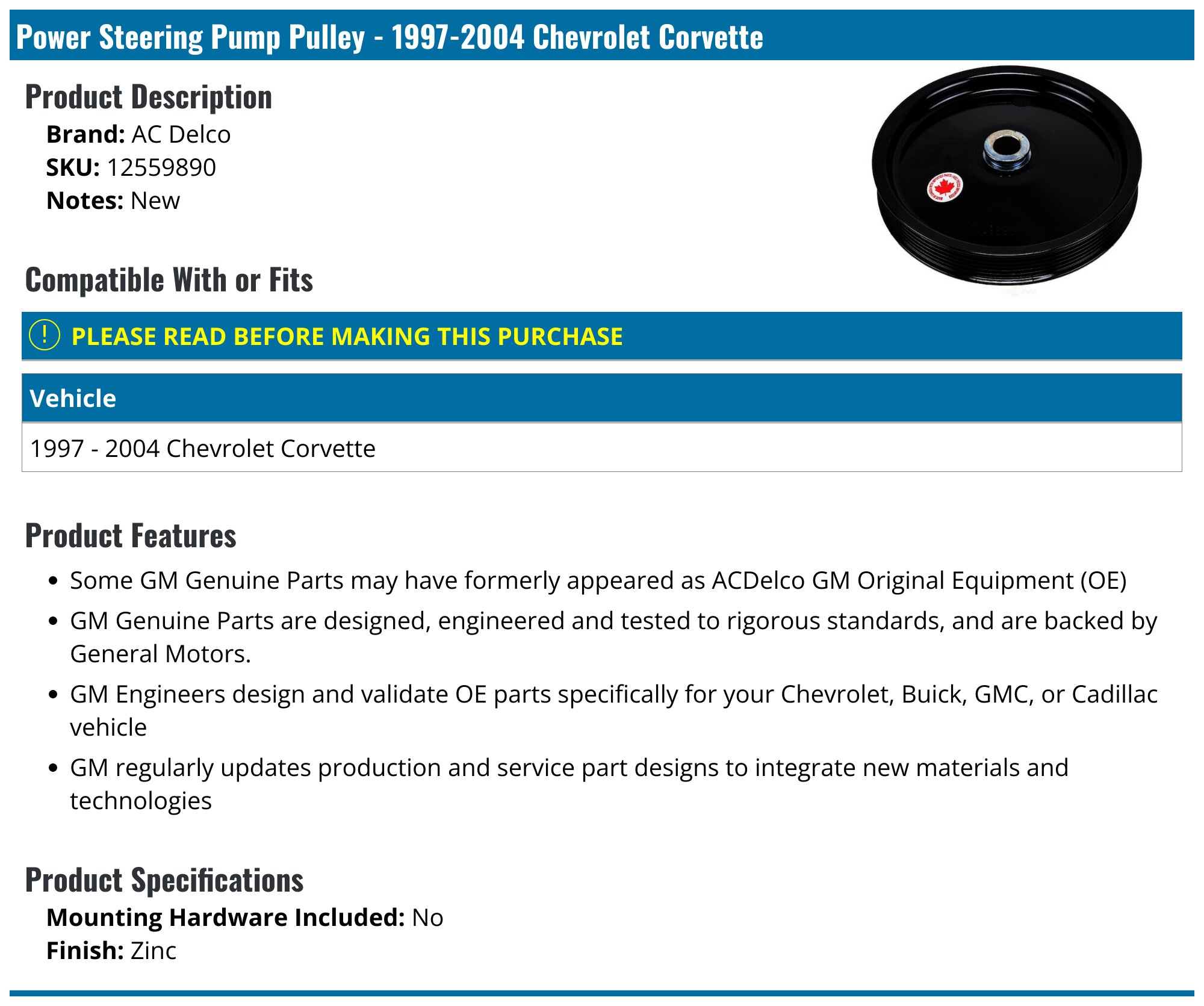 1997-2004 Chevrolet Corvette Power Steering Pump Pulley - AC Delco ...
