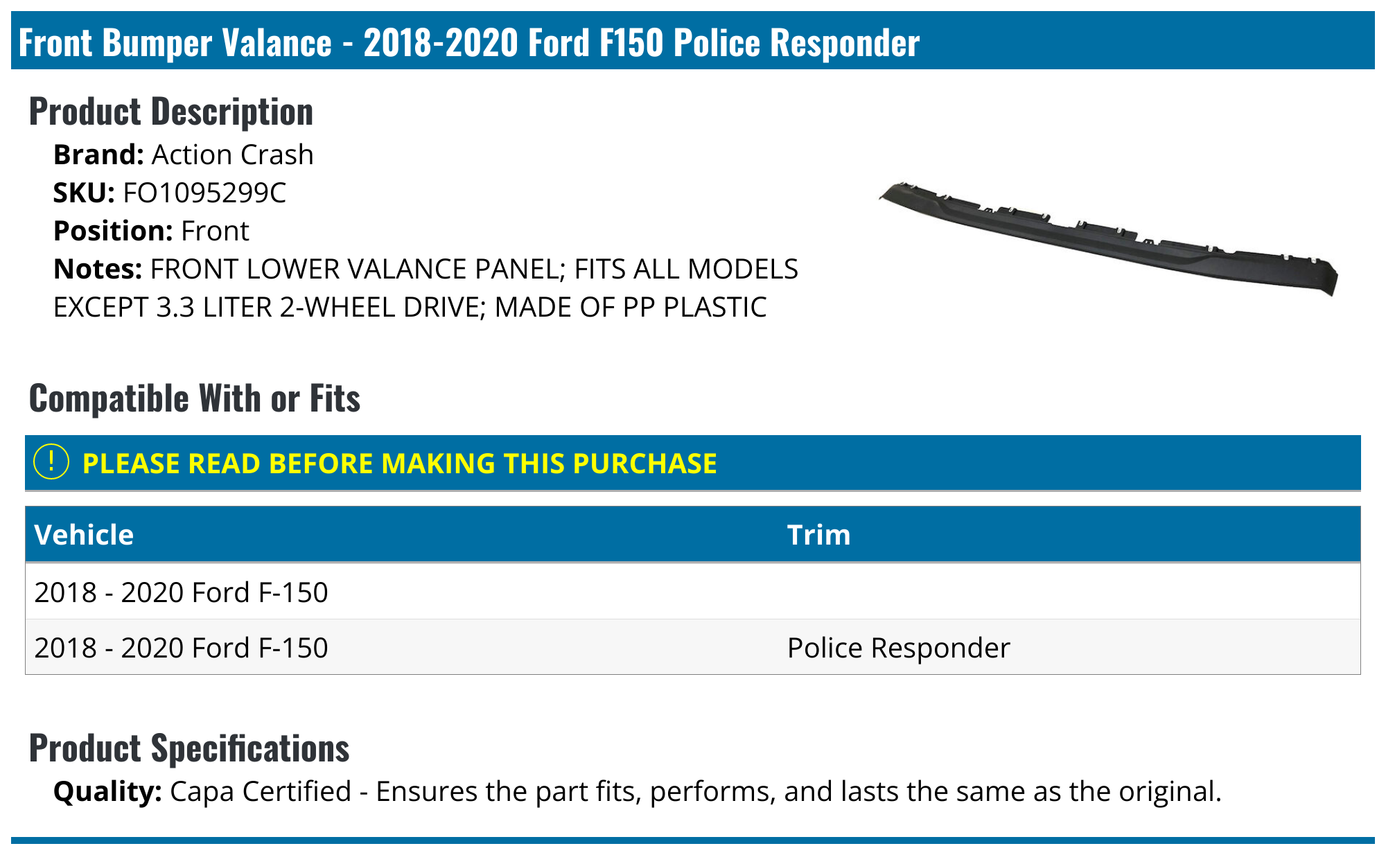 2018-2020 Ford F150 Bumper Valance - Action Crash FO1095299C - Front ...