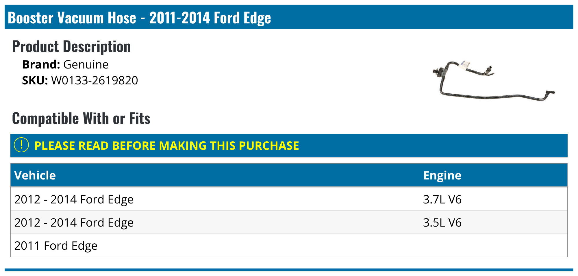 2011-2014 Ford Edge Booster Vacuum Hose - Genuine W0133-2619820 ...