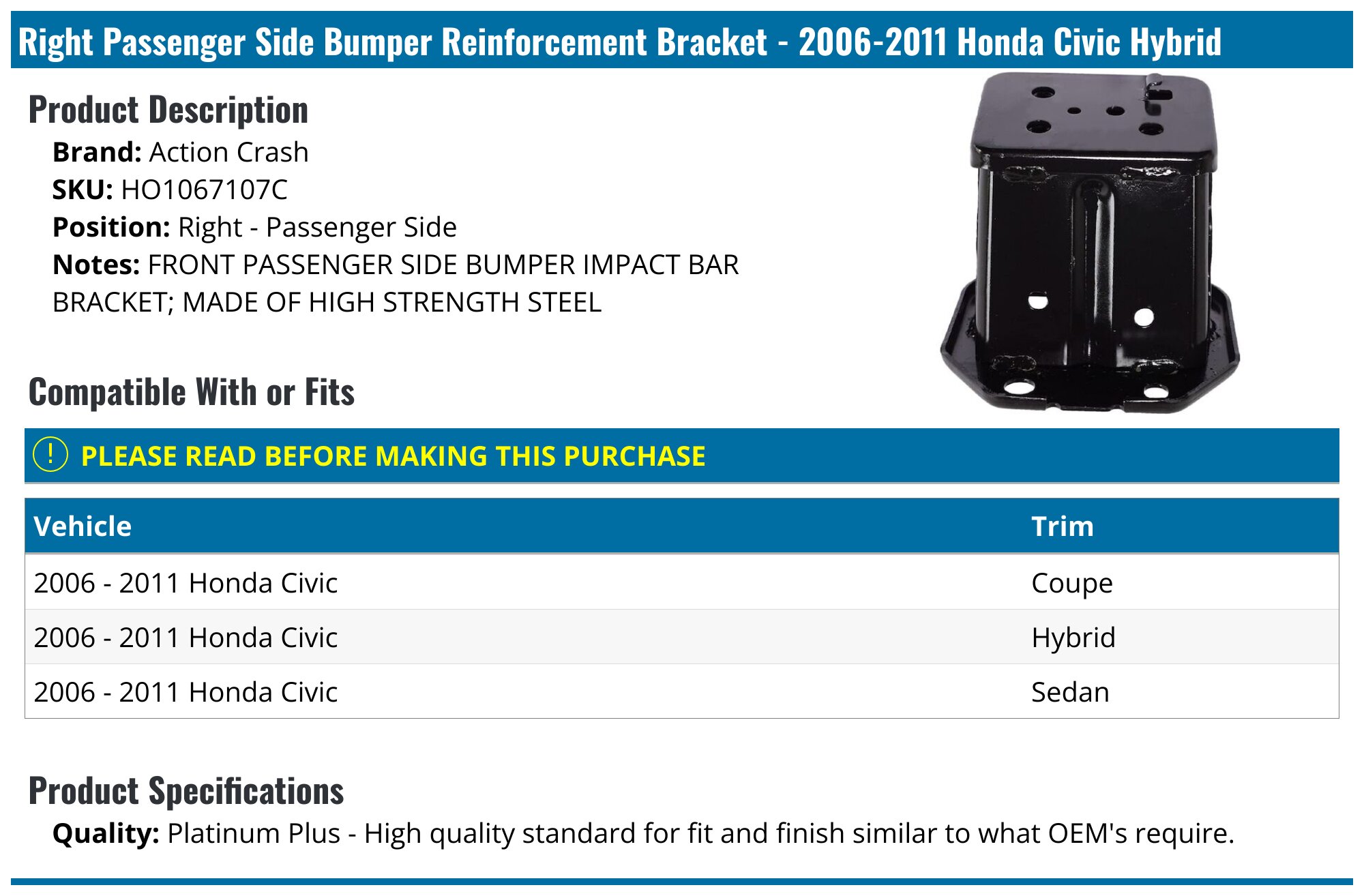 2006-2011 Honda Civic Bumper Reinforcement Bracket - Action Crash ...