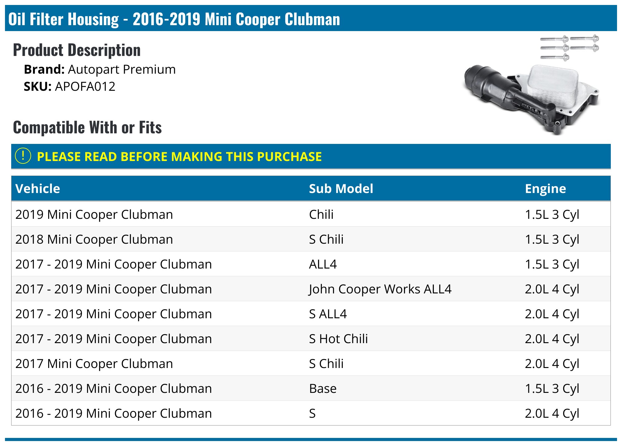 2016-2019 Mini Cooper Clubman Oil Filter Housing - Autopart Premium ...