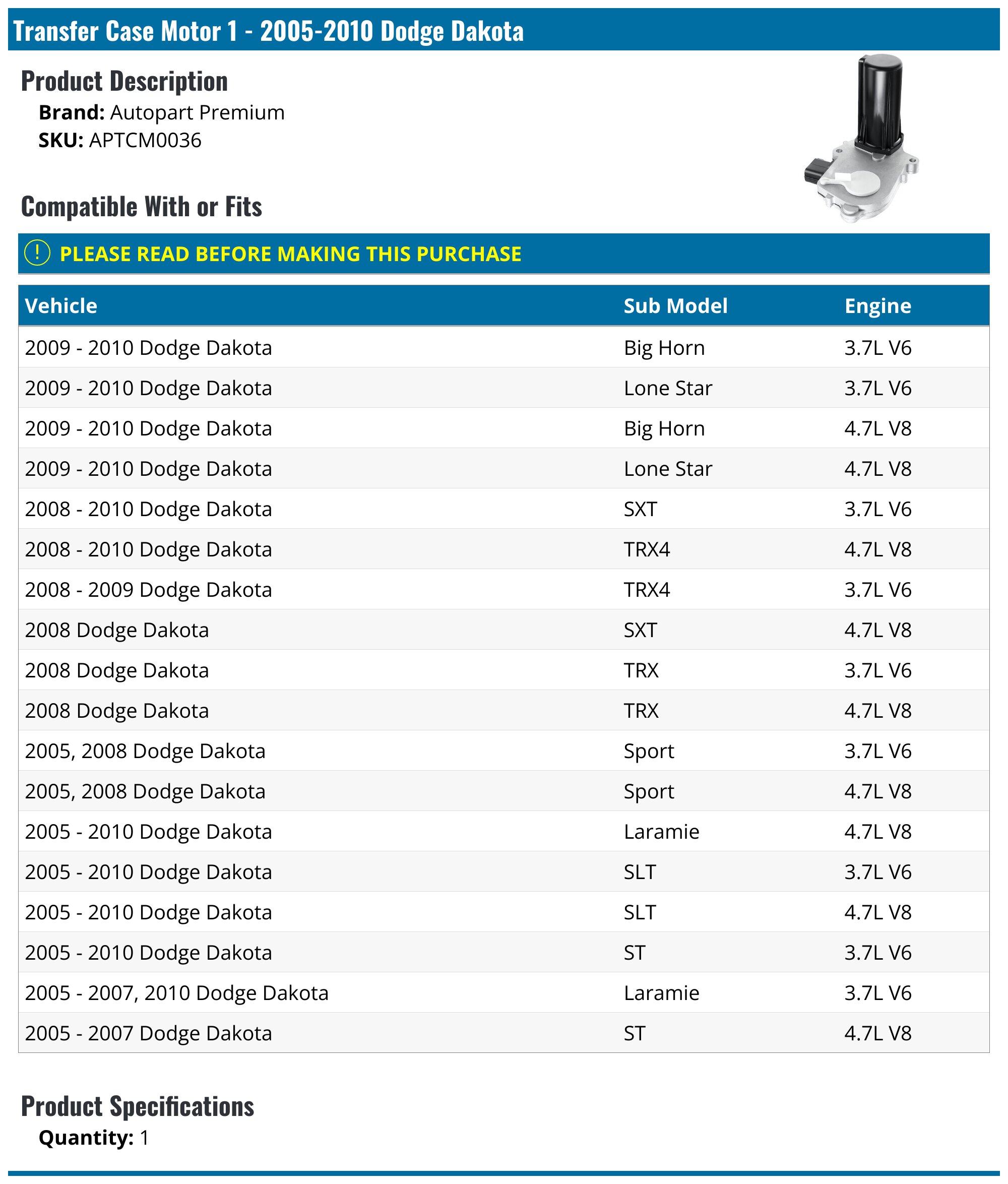2005-2010 Dodge Dakota Transfer Case Motor - Autopart Premium APTCM0036 ...