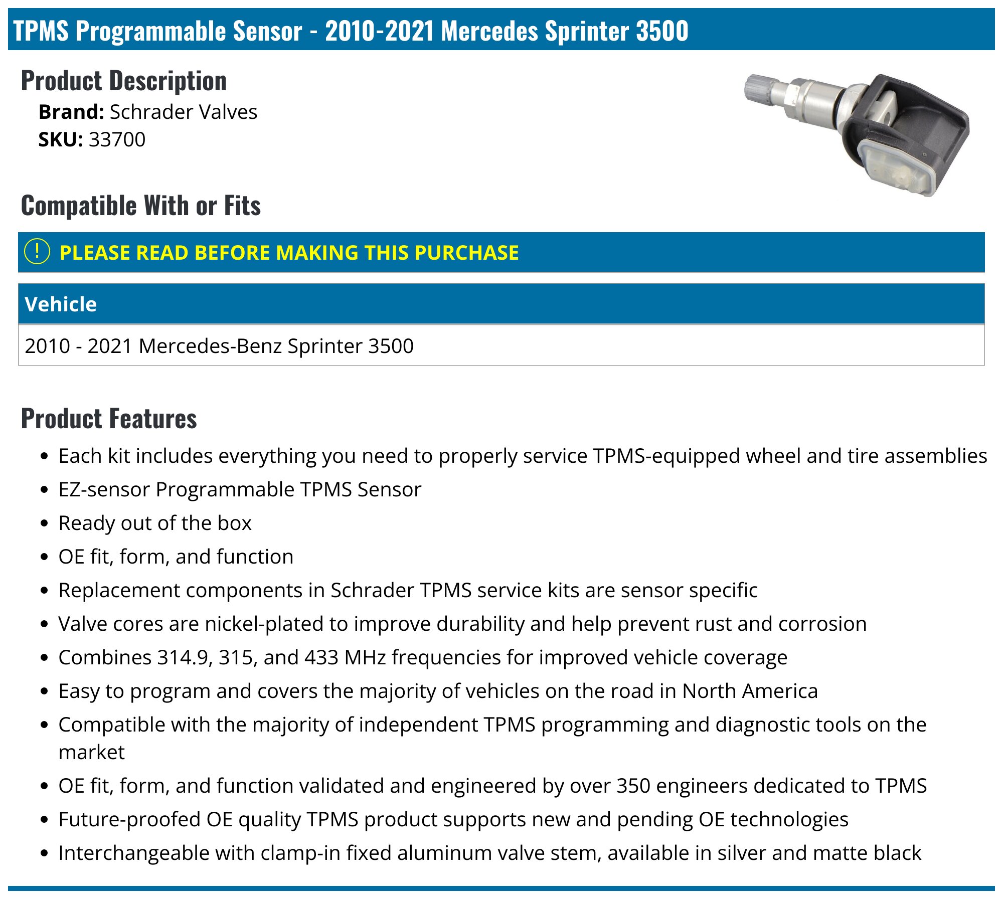 2010-2022, 2024 Mercedes Sprinter 3500 Tire Pressure Monitoring Sensor ...
