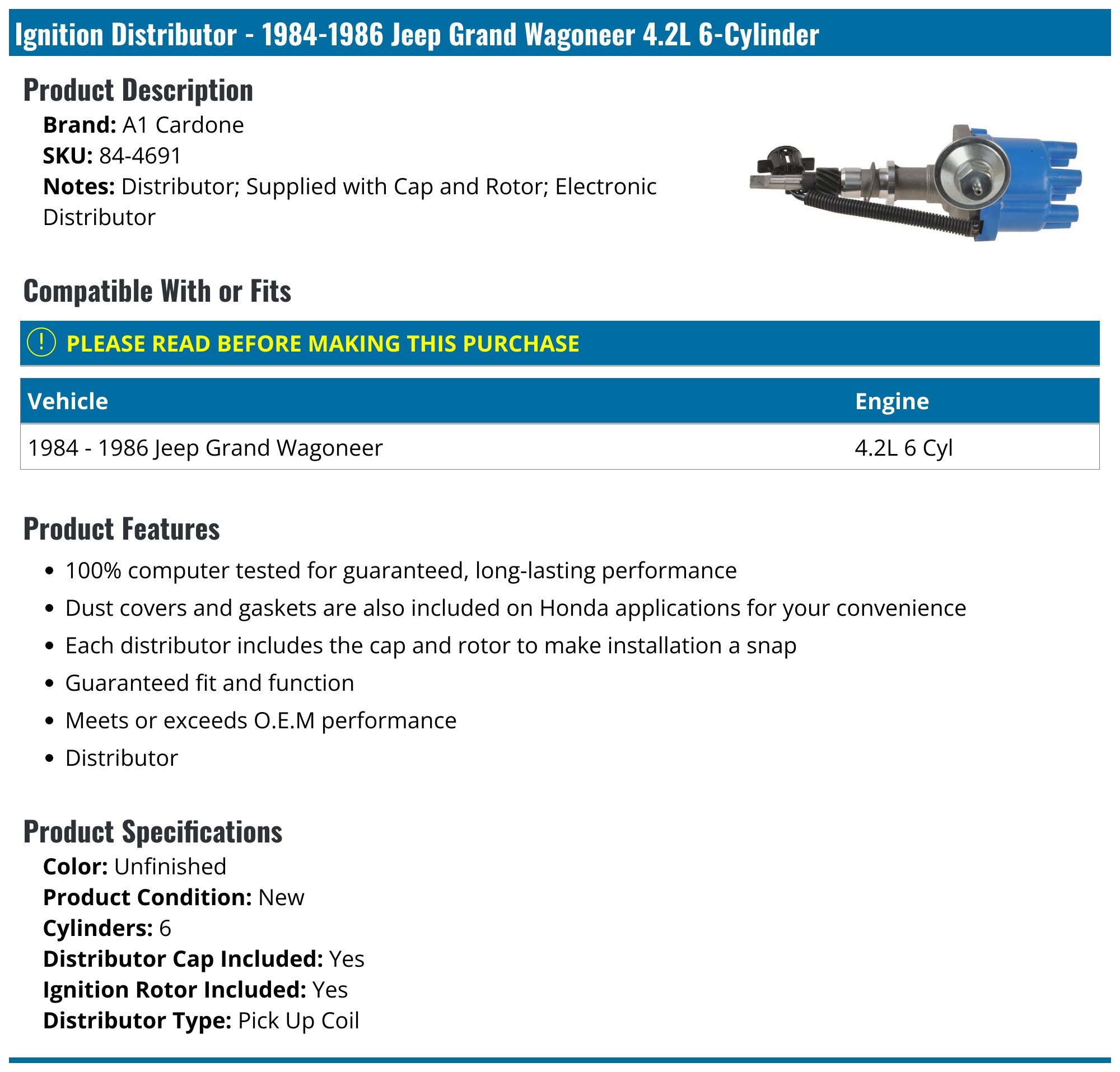 1984-1986 Jeep Grand Wagoneer Ignition Distributor - A1 Cardone 84-4691 ...