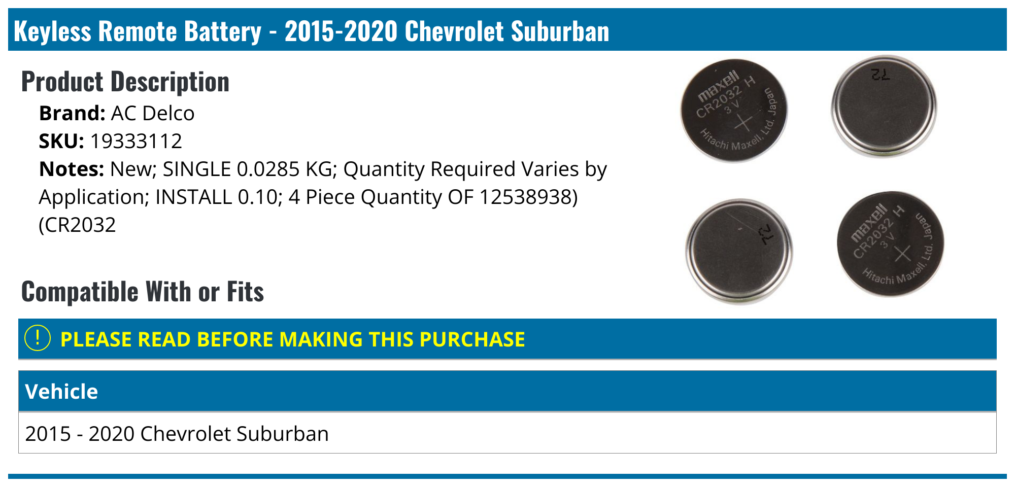 2015-2020 Chevrolet Suburban Keyless Remote Battery - AC Delco 19333112 ...