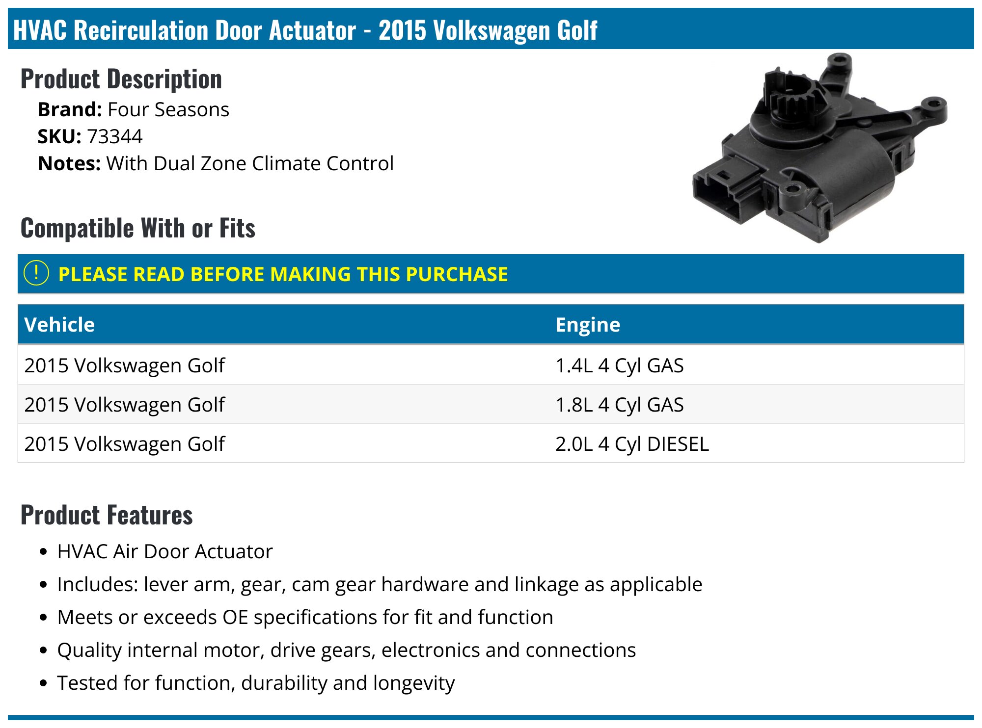 2015 Volkswagen Golf HVAC Recirculation Door Actuator - Four Seasons ...
