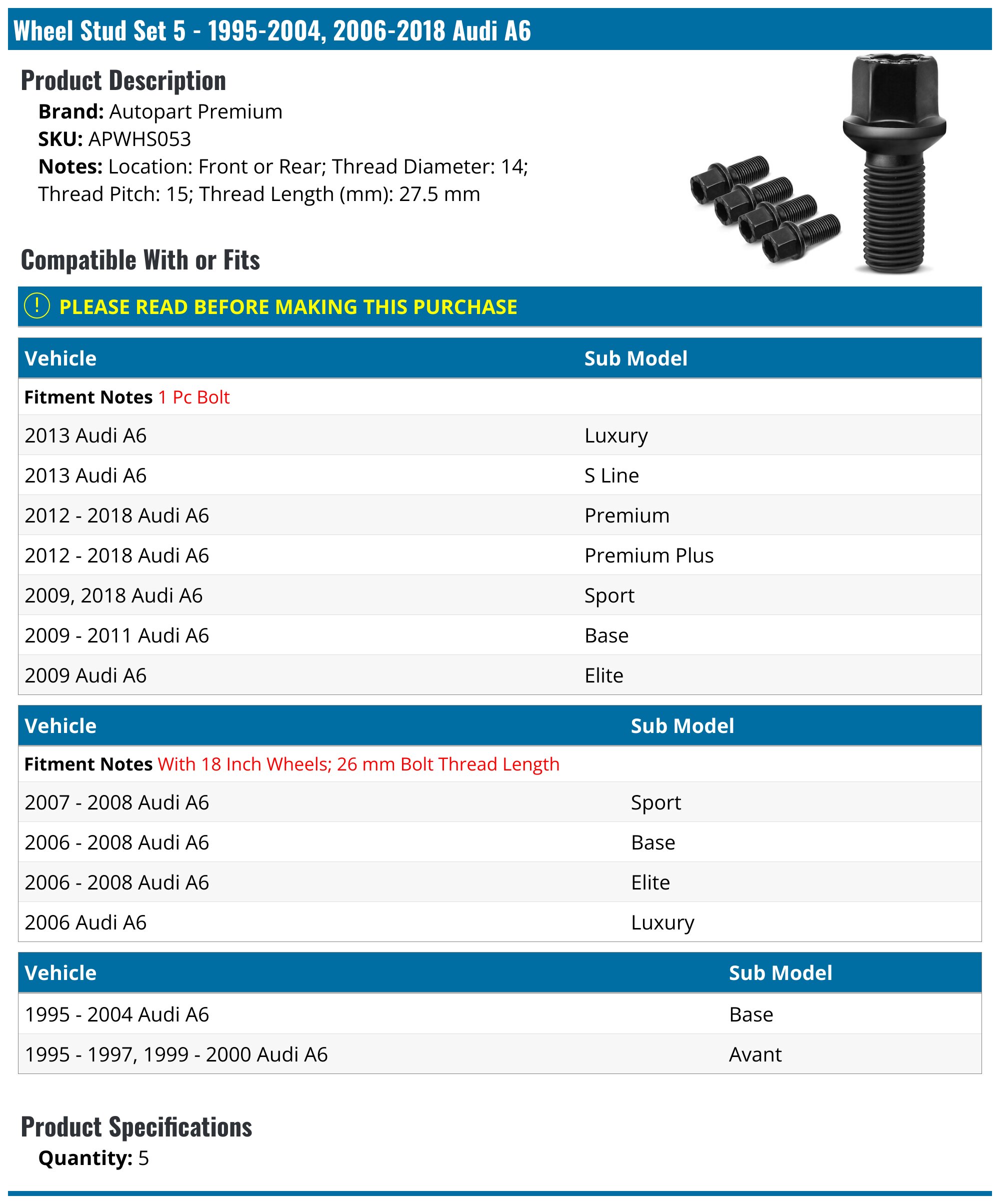 1995-2004, 2006-2018 Audi A6 Lug Bolt - Autopart Premium APWHS053 ...
