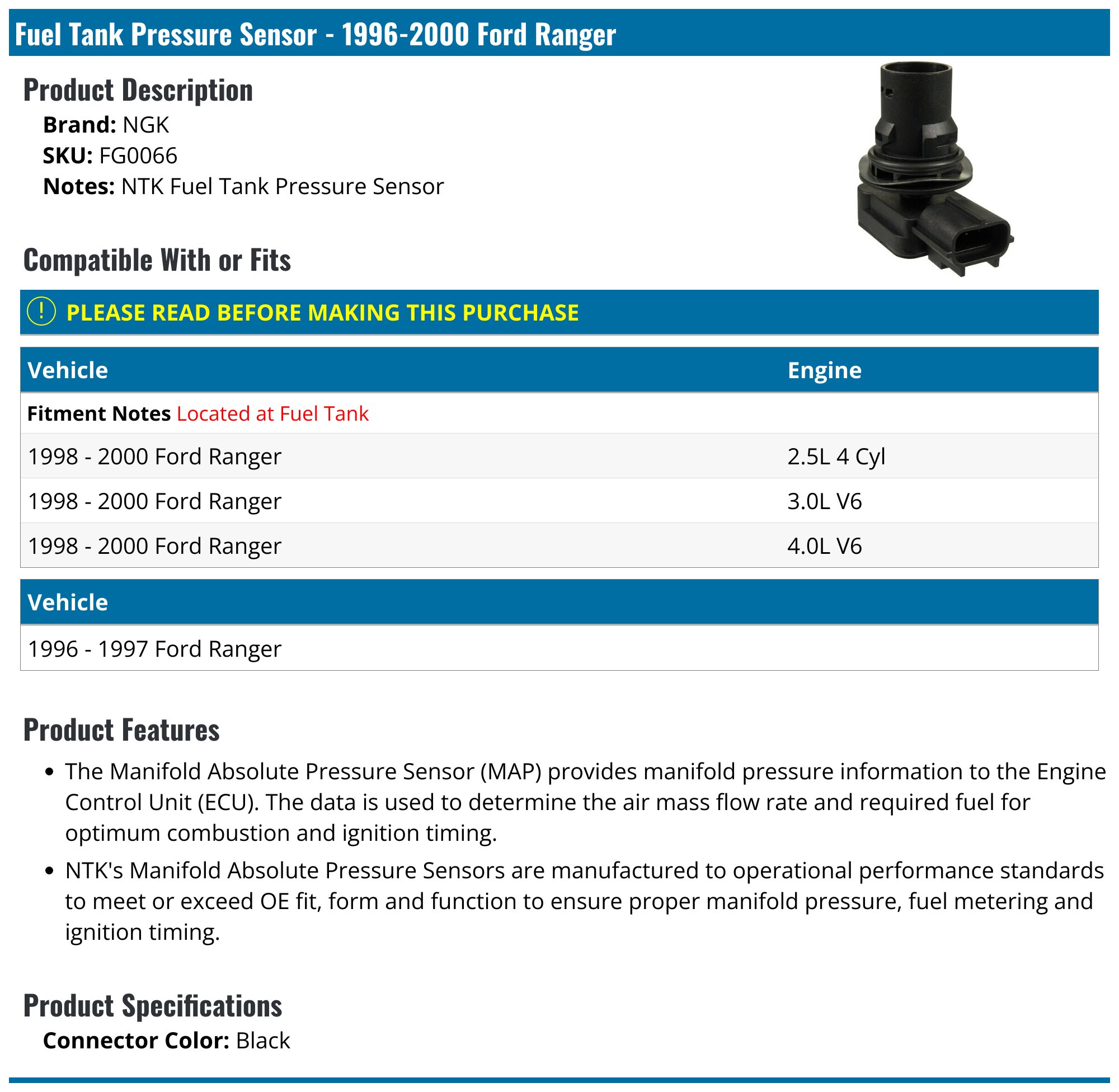 1996-2000 Ford Ranger Fuel Tank Pressure Sensor - NGK FG0066 ...