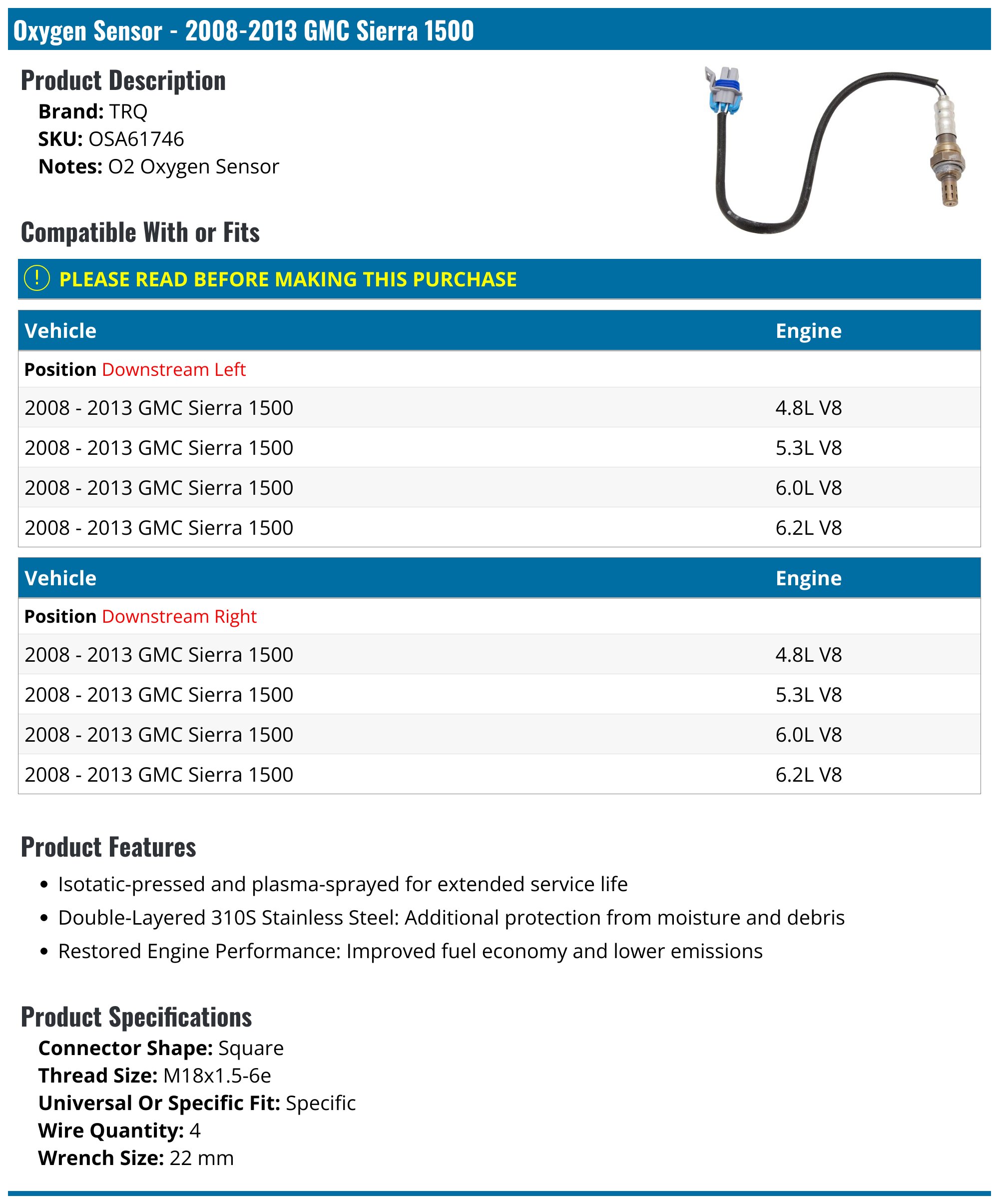 2008-2013 GMC Sierra 1500 Oxygen Sensor - TRQ OSA61746 - Downstream ...