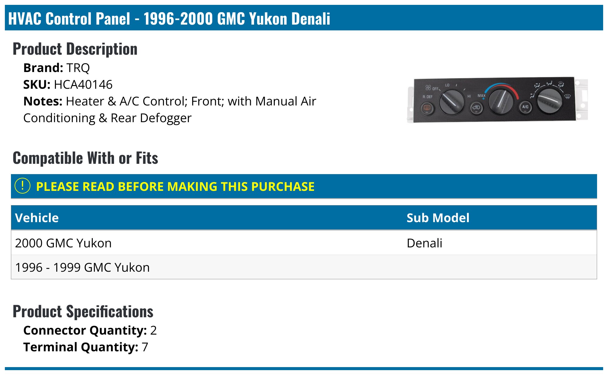 1996-2000 GMC Yukon HVAC Temperature Control Panel - TRQ HCA40146 ...