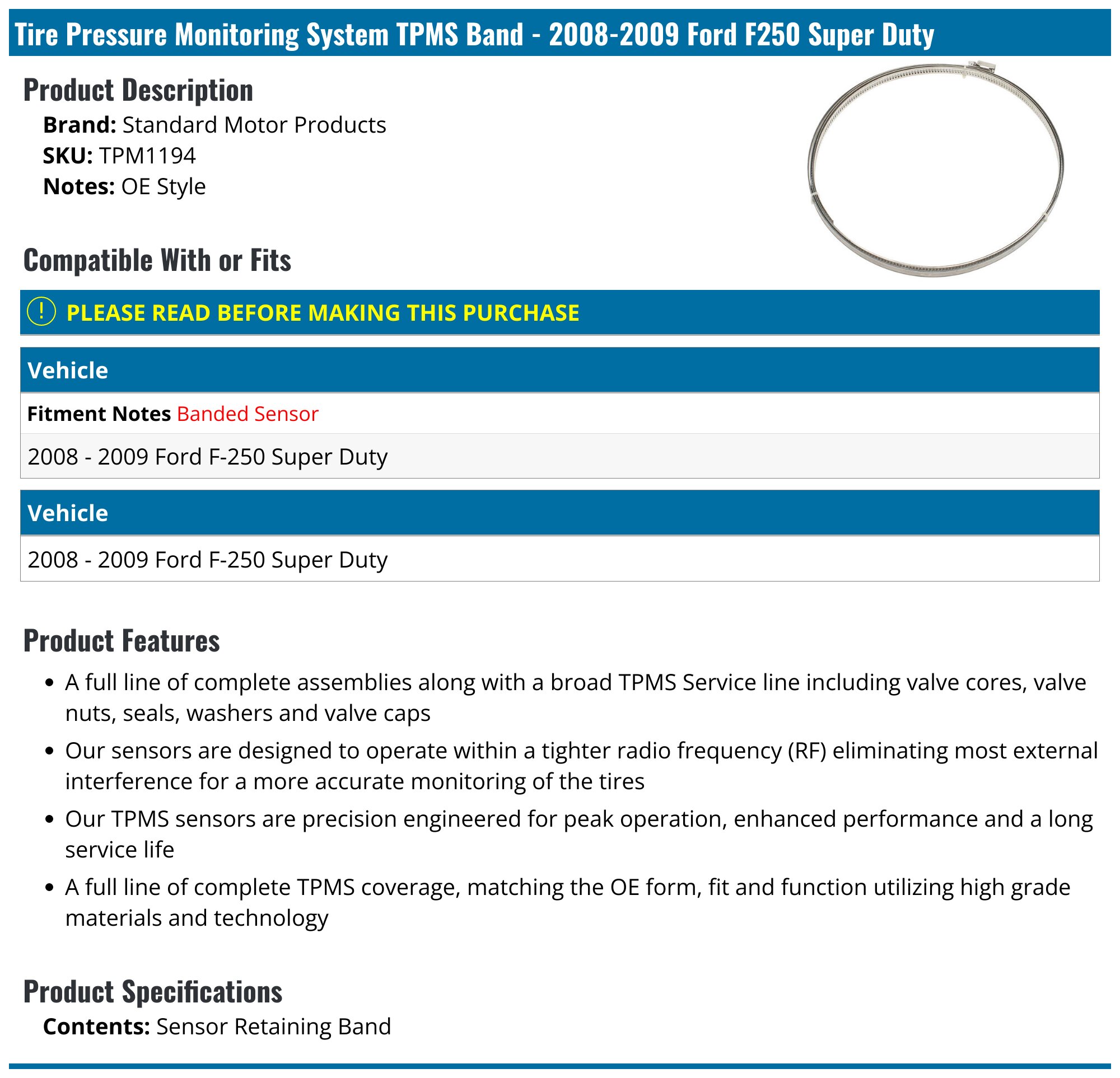 2008-2009 Ford F250 Super Duty Tire Pressure Monitoring Sensor ...