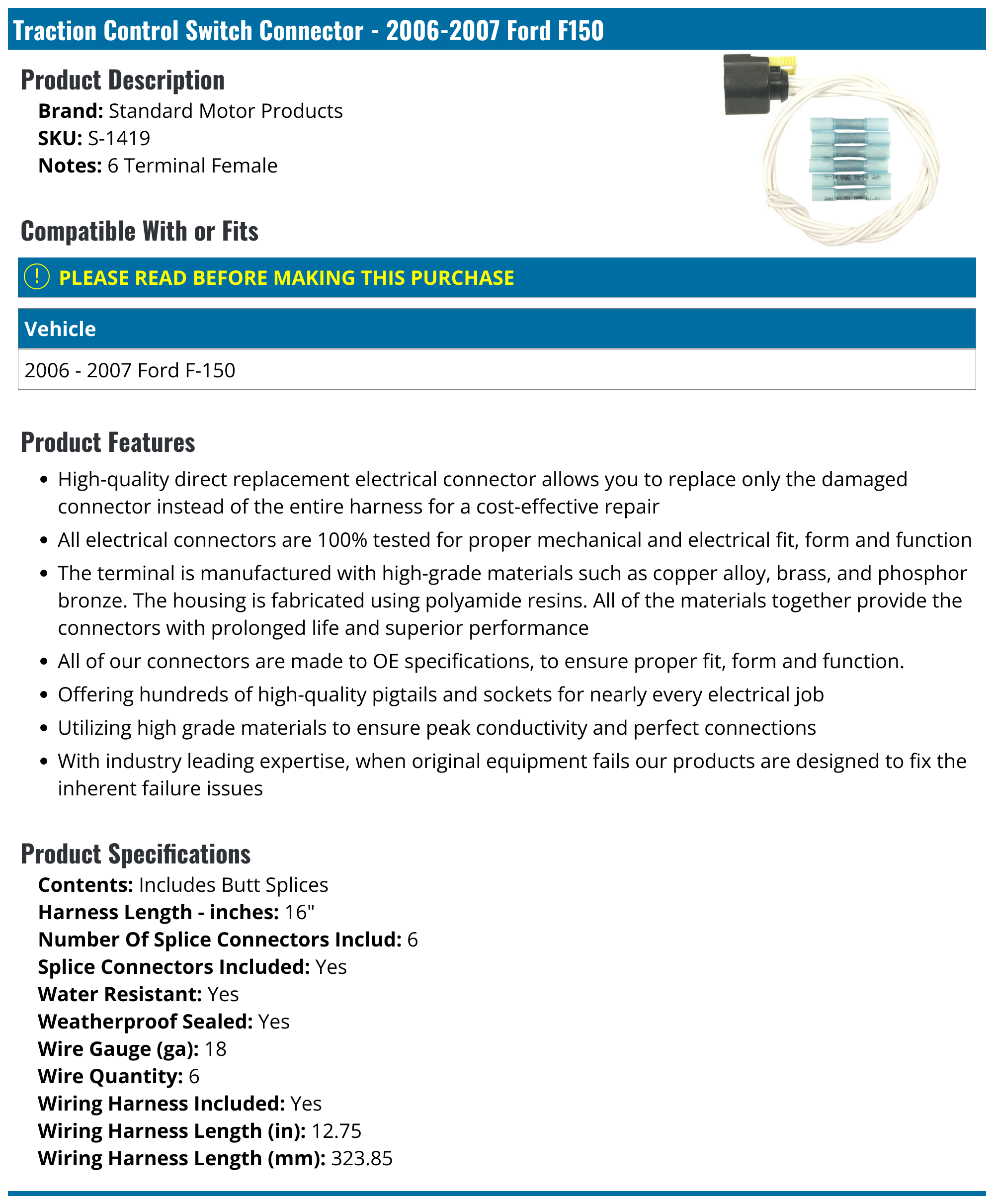 2006-2007 Ford F150 Traction Control Switch Connector - Standard Motor ...