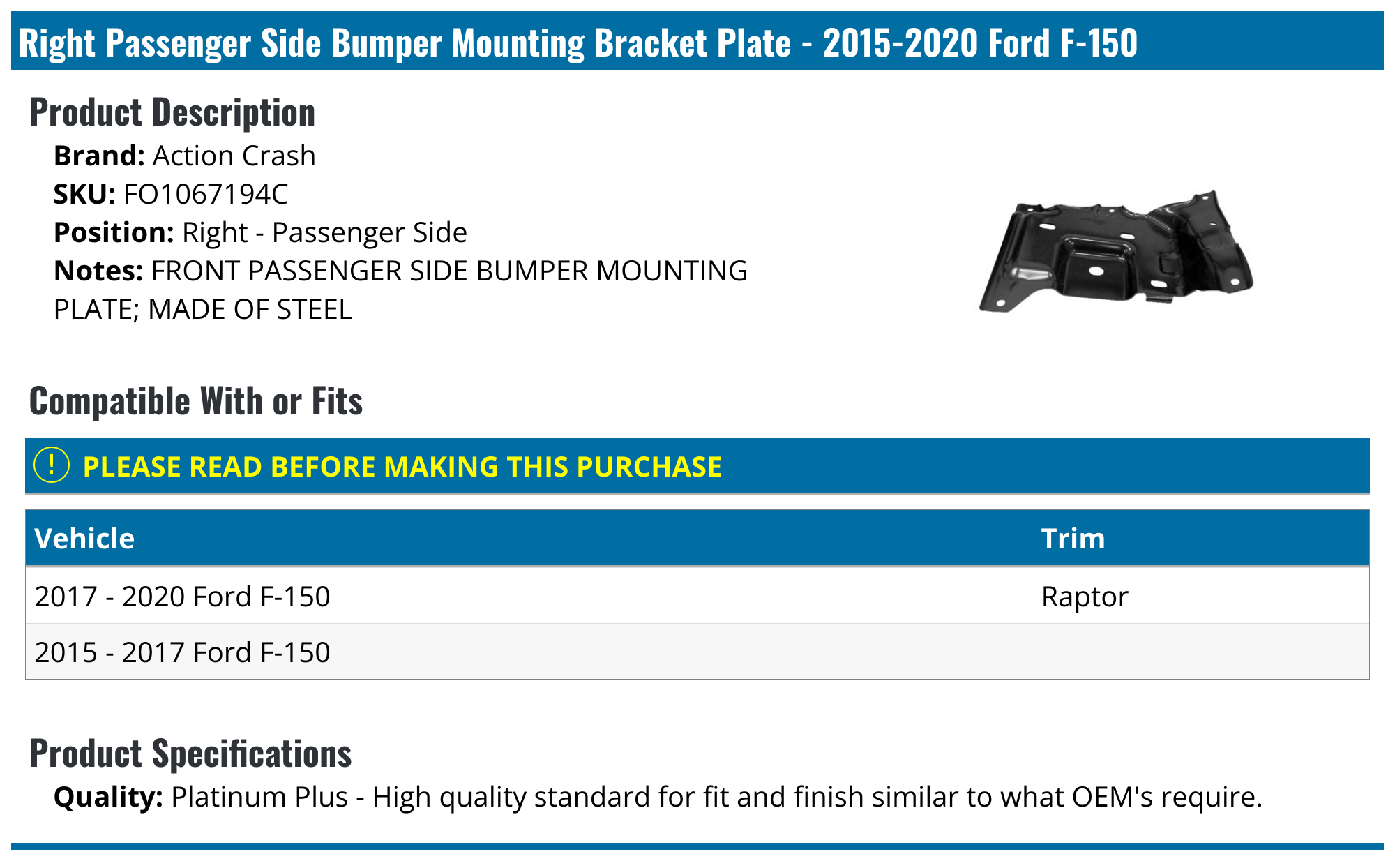 2015-2020 Ford F150 Bumper Bracket - Action Crash FO1067194C - Right ...