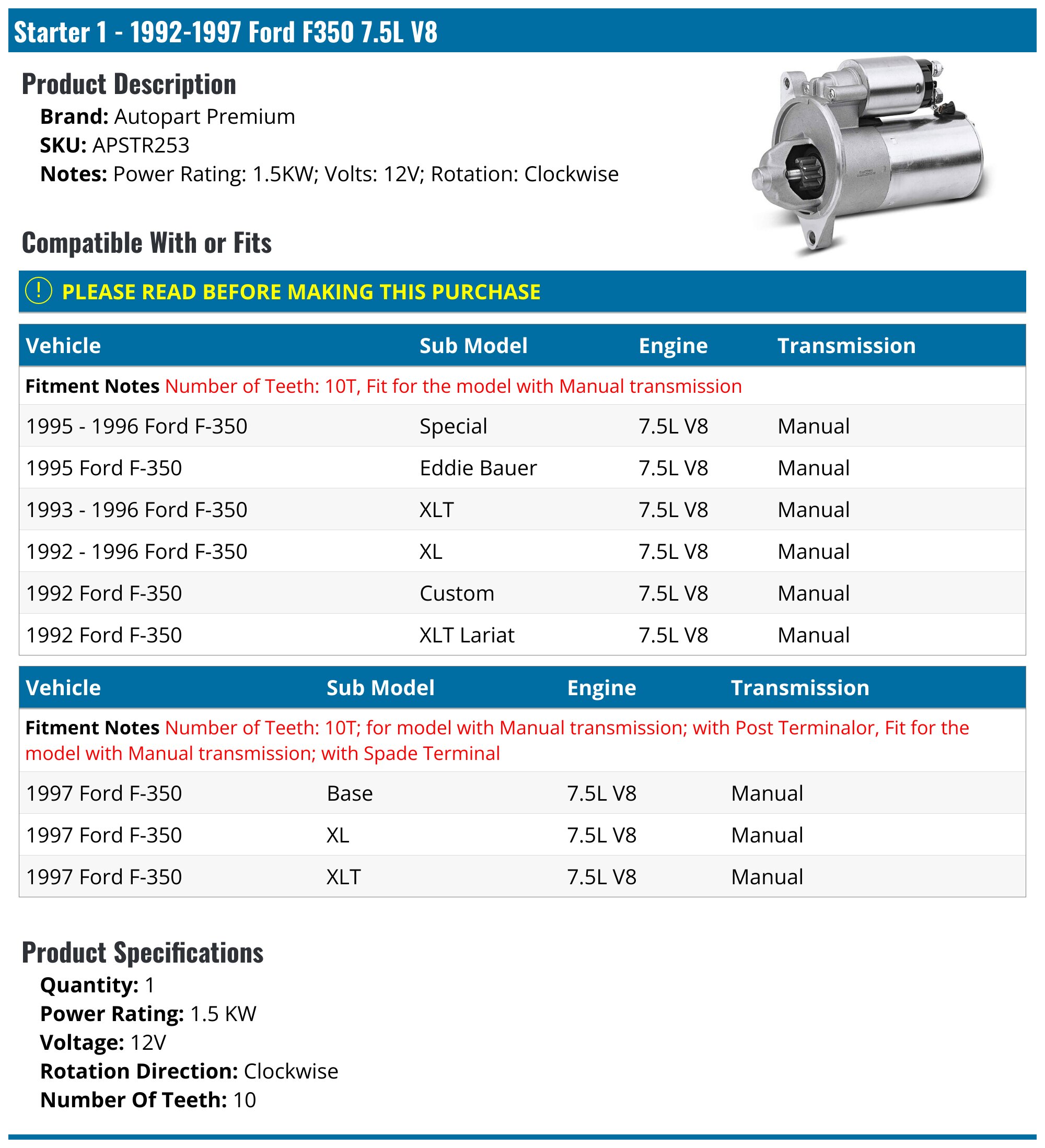 1992-1997 Ford F350 Starter - Autopart Premium APSTR253 - PartsGeek.com