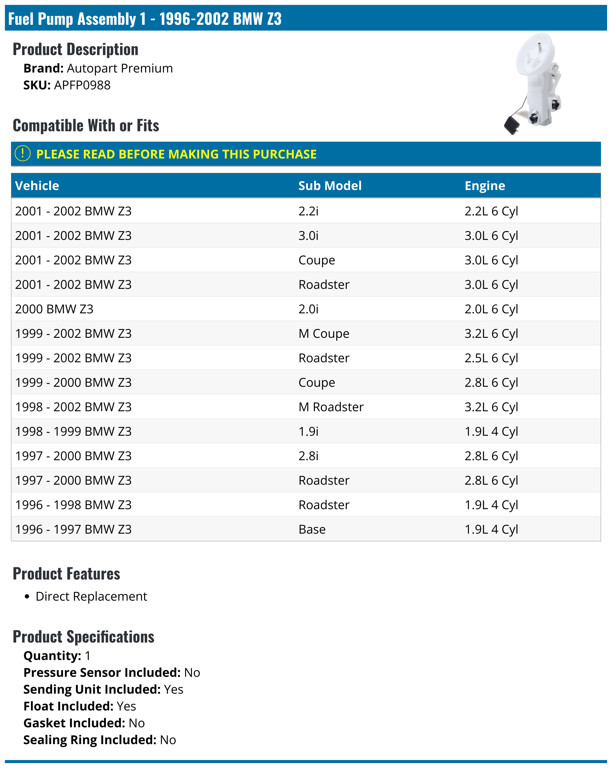 1996-2002 BMW Z3 Fuel Pump - Autopart Premium APFP0988 - PartsGeek.com