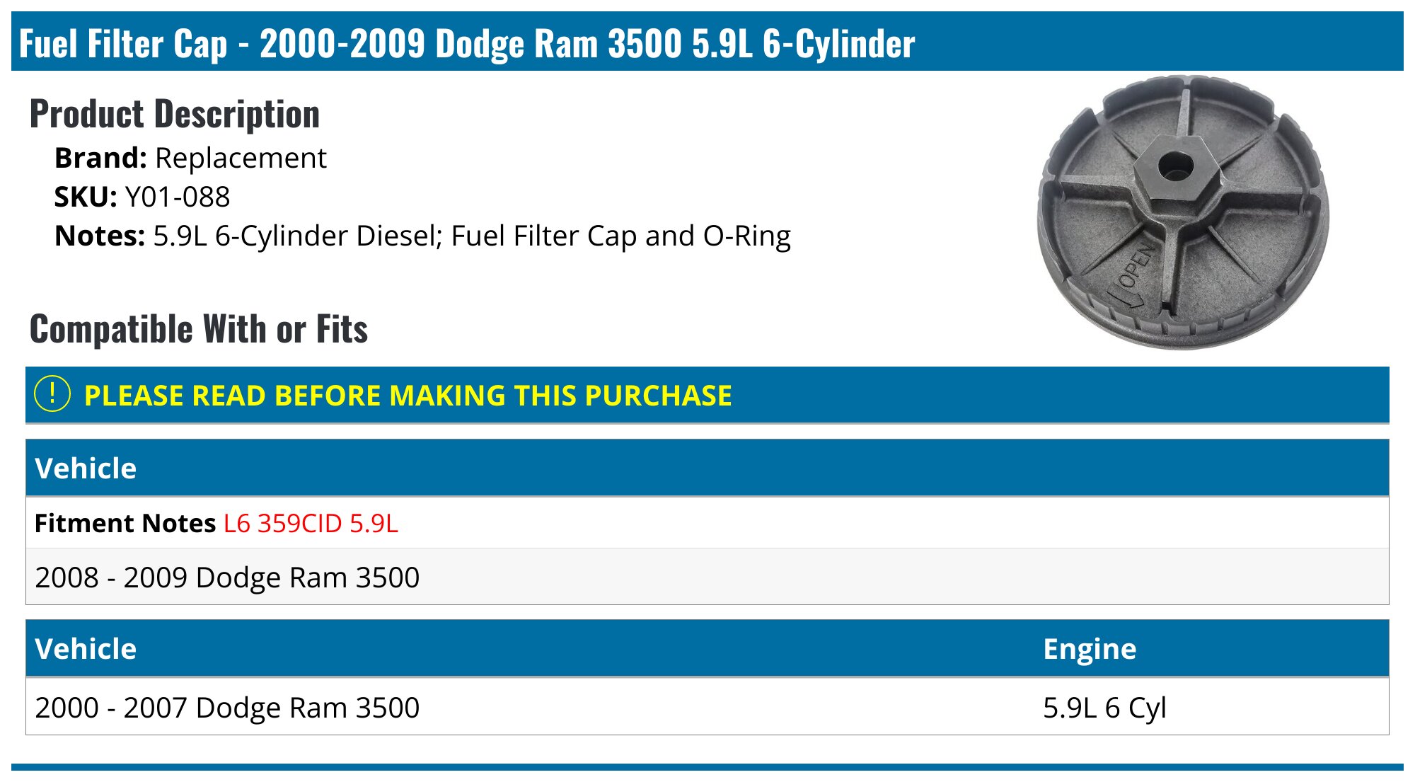 2000-2009 Dodge Ram 3500 Fuel Filter Cap - Replacement Y01-088 ...
