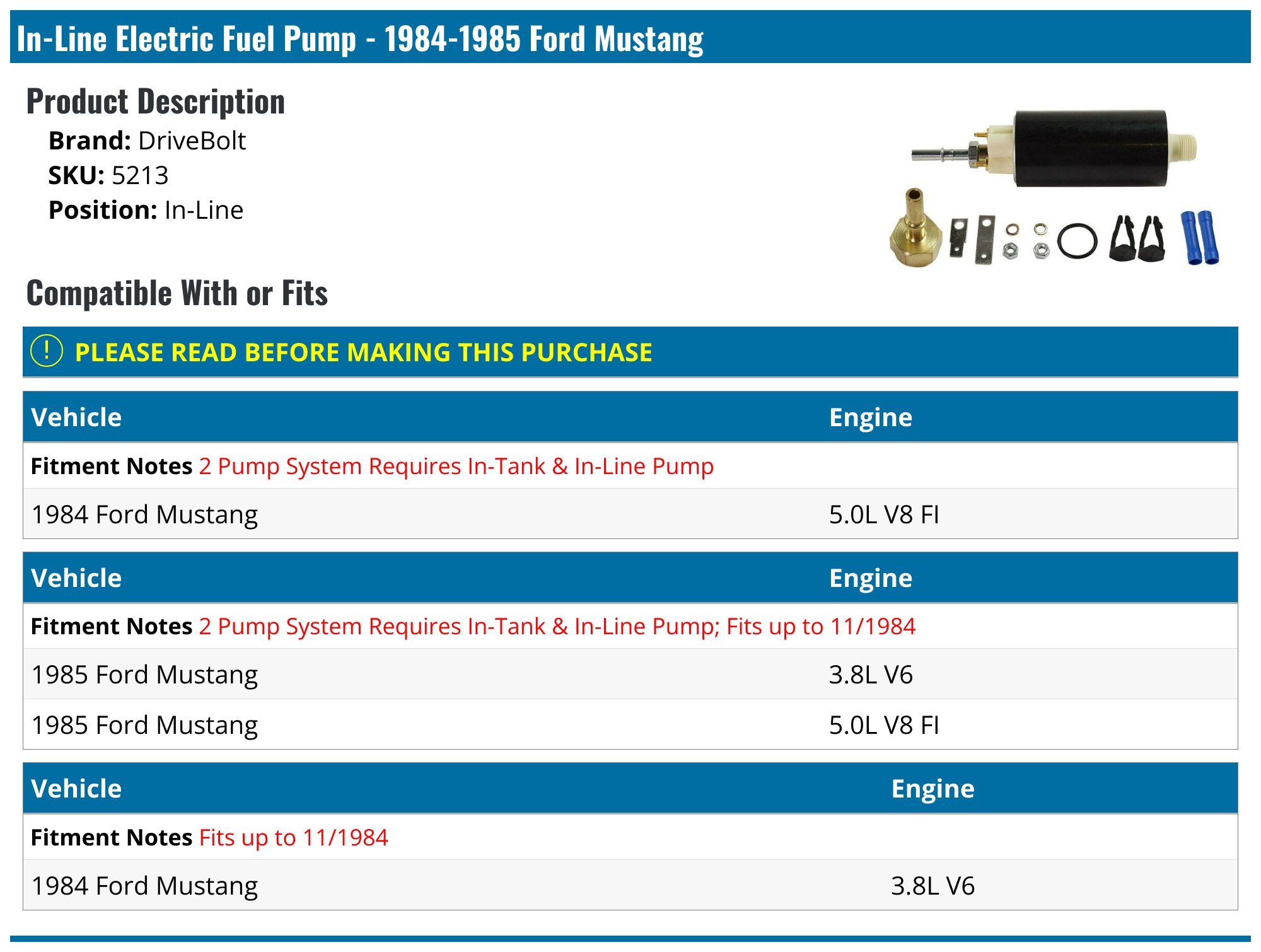 1984-1985 Ford Mustang Fuel Pump - DriveBolt 5213 - In-Line - PartsGeek.com