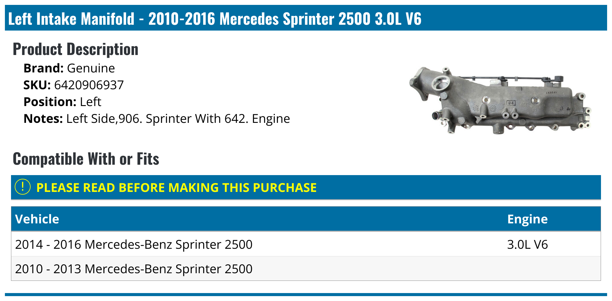 2010-2016 Mercedes Sprinter 2500 Intake Manifold - Genuine 6420906937 ...