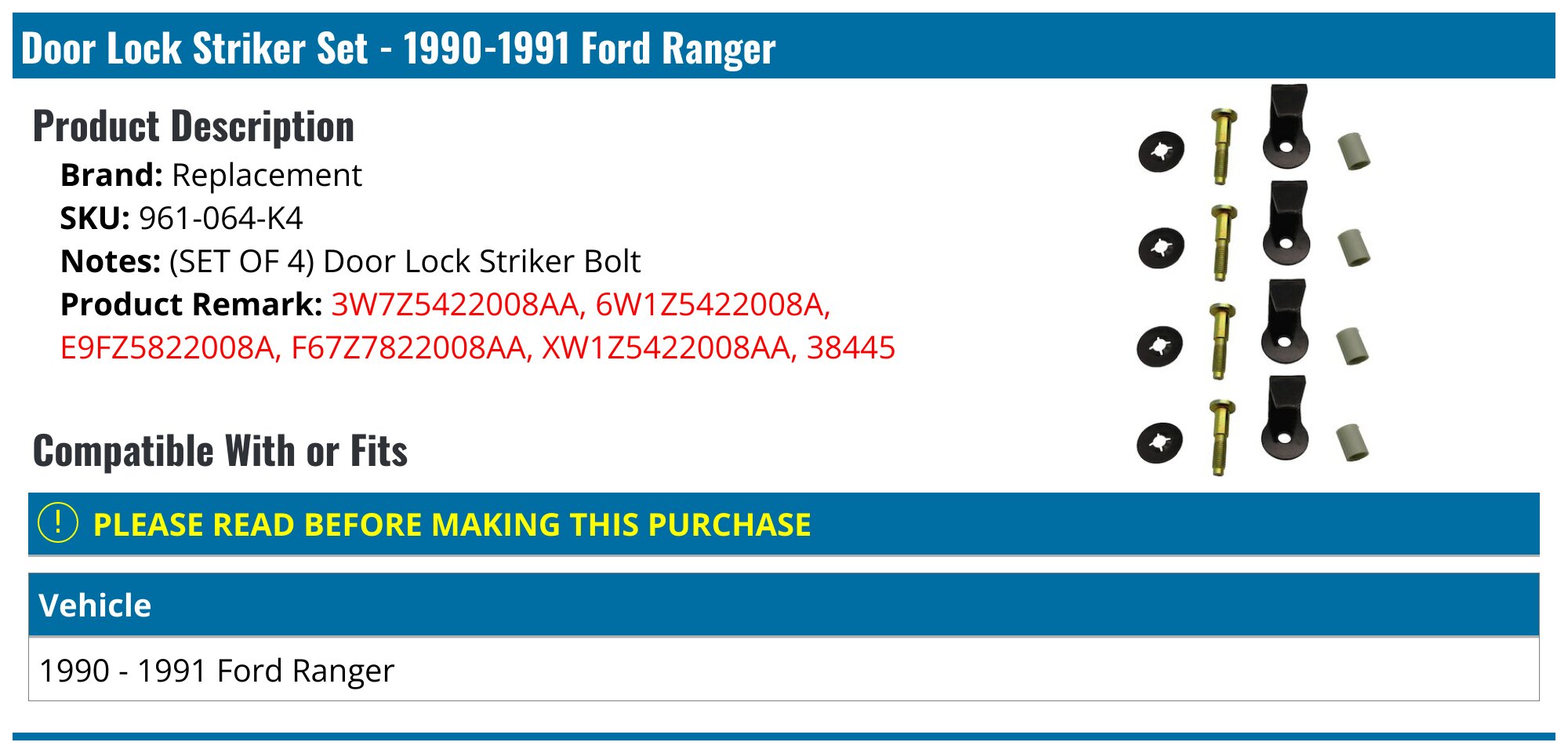 1990-1991 Ford Ranger Door Lock Striker - Replacement 961-064-K4 ...