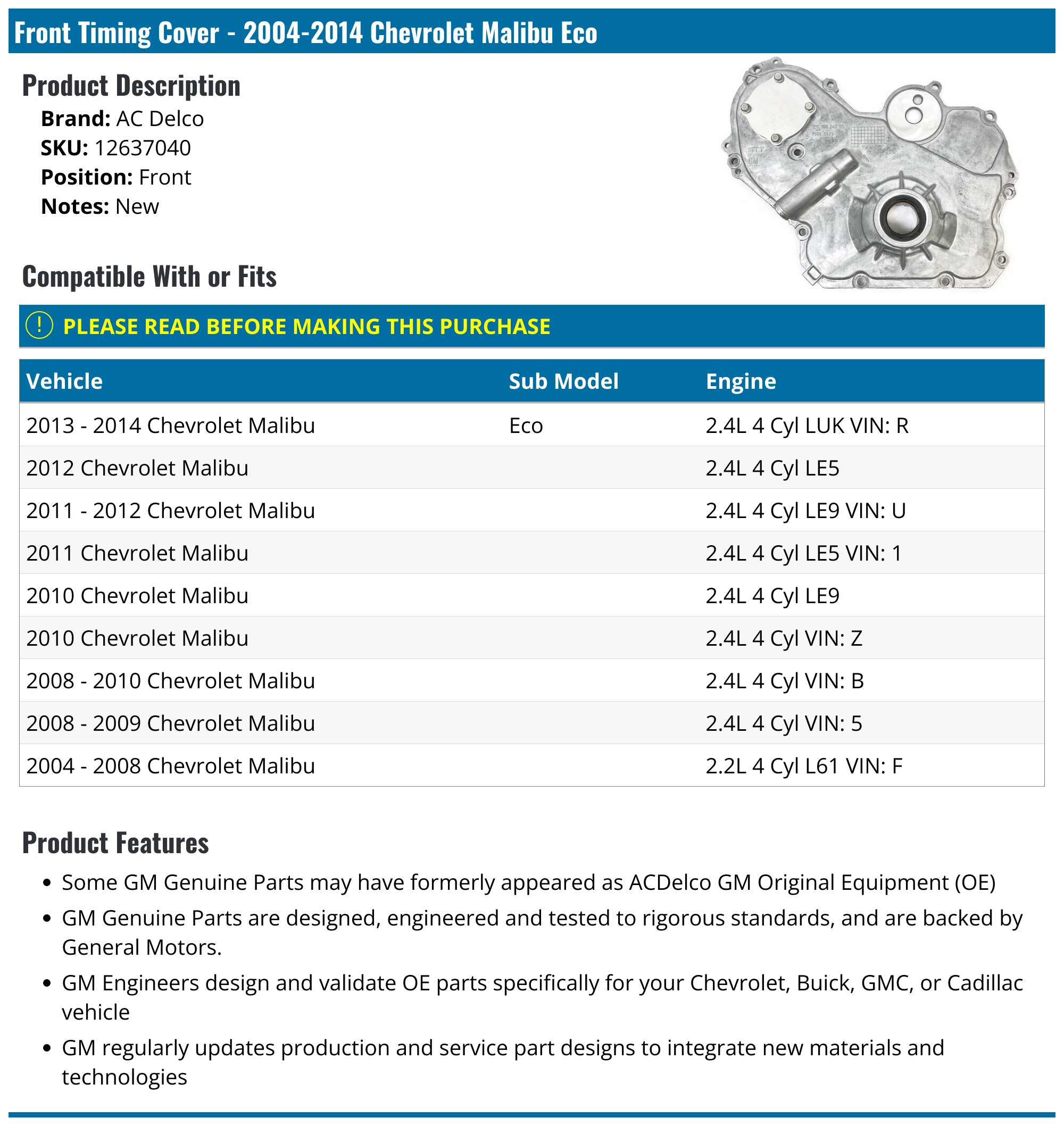 2004-2014 Chevrolet Malibu Timing Cover - AC Delco 12637040 - Front ...