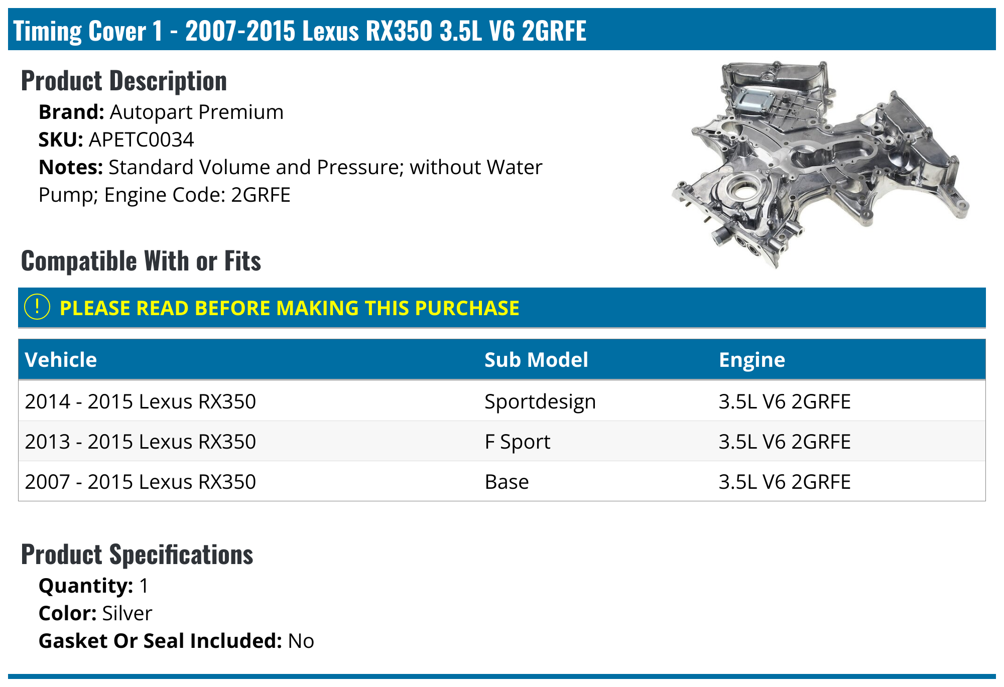 2007-2015 Lexus RX350 Timing Cover - Autopart Premium APETC0034 ...