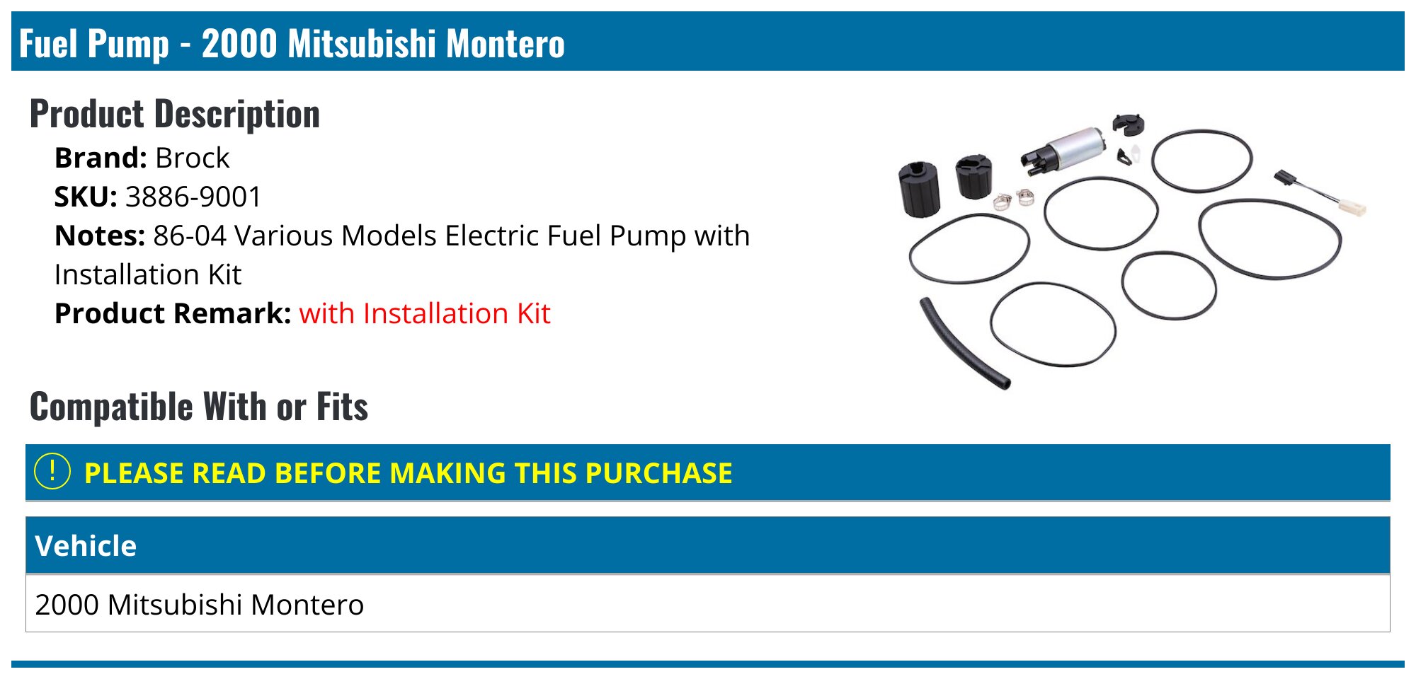 2000 Mitsubishi Montero Fuel Pump - Brock 3886-9001 - PartsGeek.com