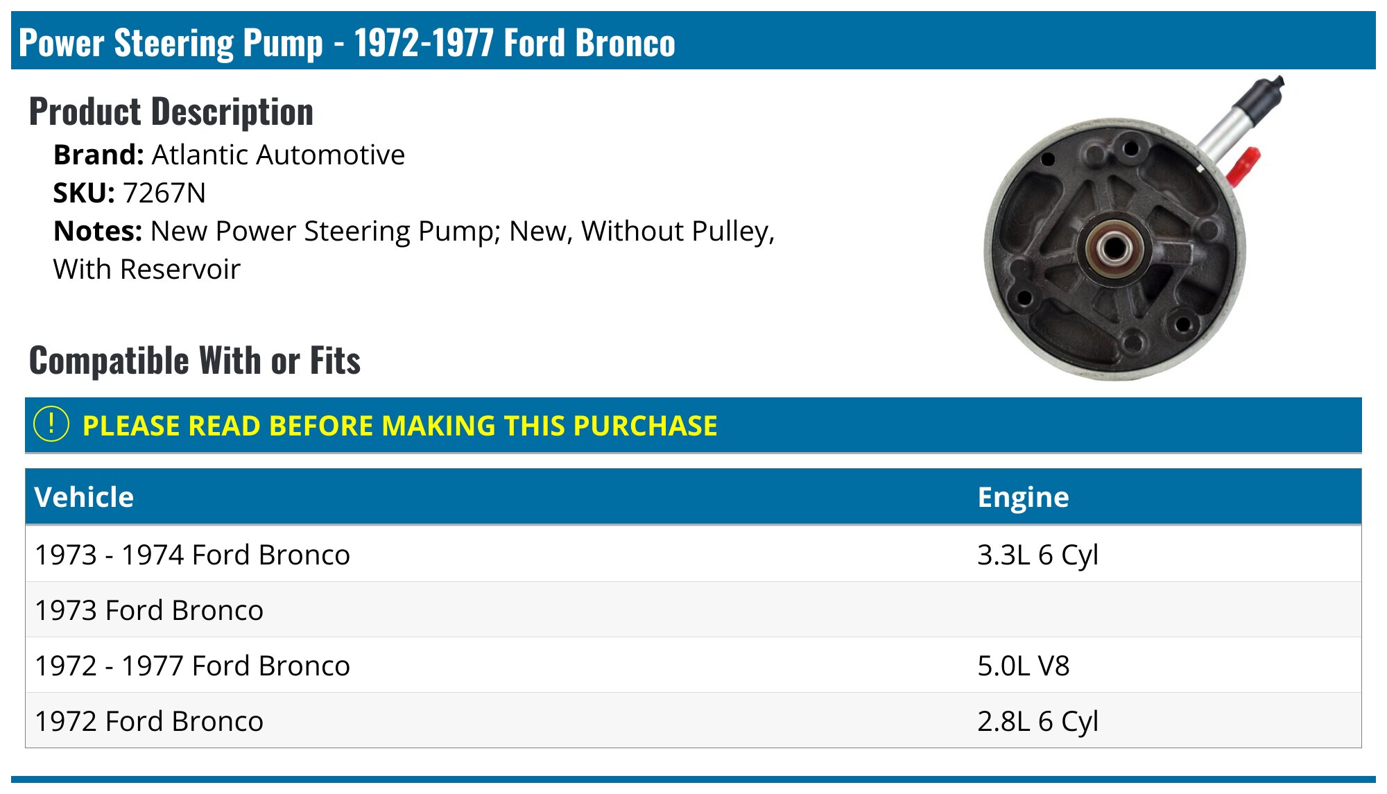 1972 1977 Ford Bronco Power Steering Pump Atlantic Automotive 7267n