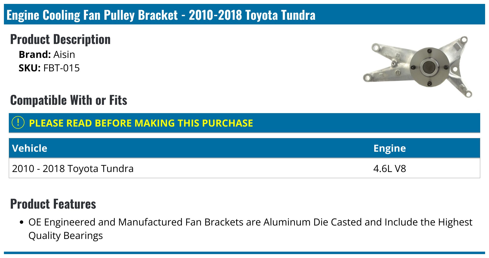 2010-2018 Toyota Tundra Engine Cooling Fan Pulley Bracket - Aisin FBT ...