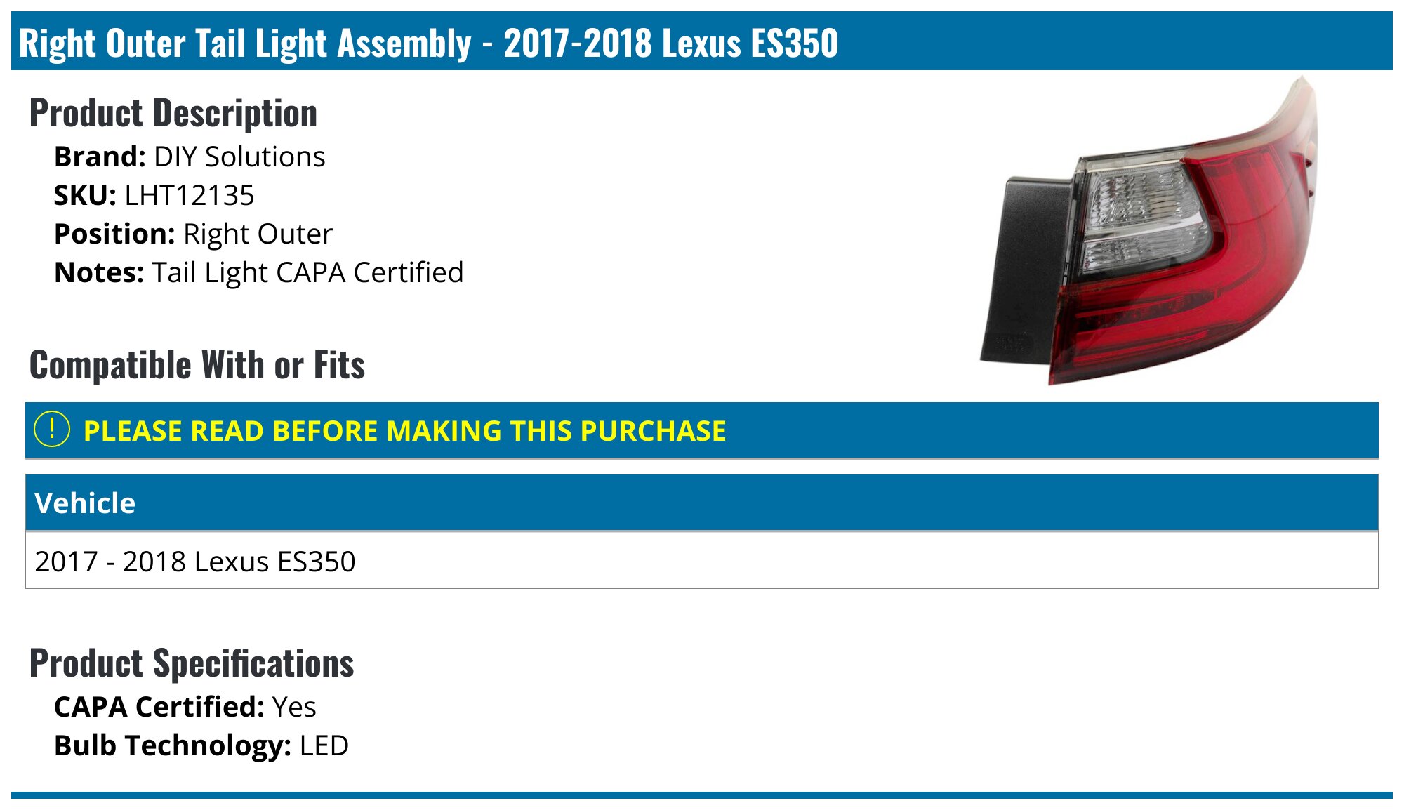 2017-2018 Lexus ES350 Tail Light Assembly - DIY Solutions LHT12135 ...