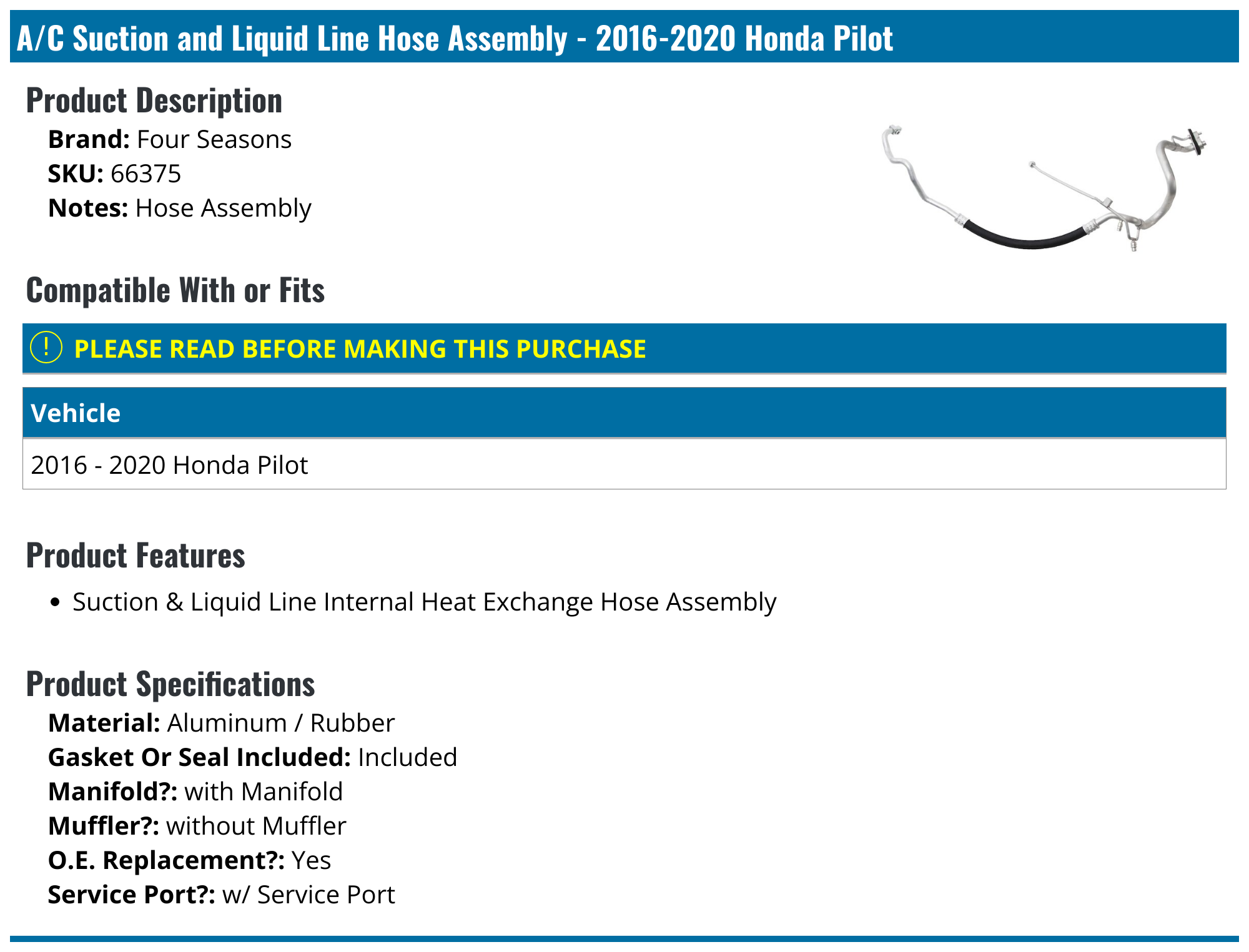 2016-2020 Honda Pilot A/C Suction and Liquid Line Hose Assembly - Four ...