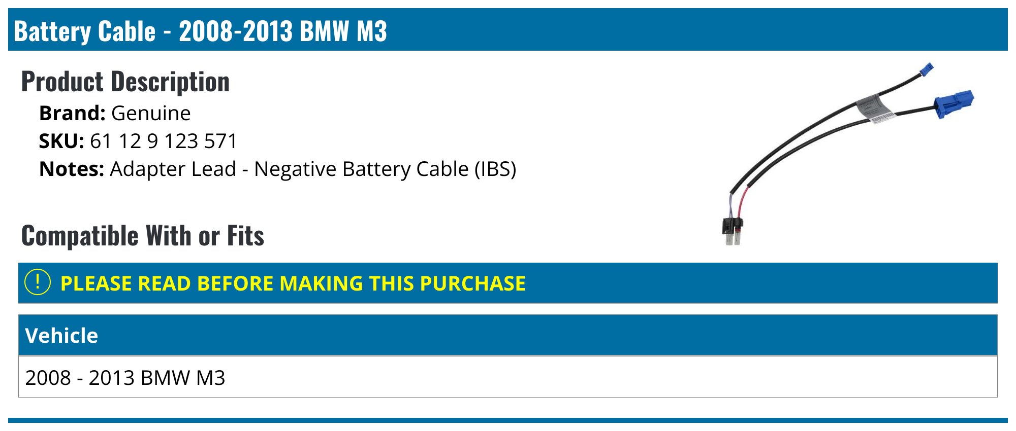 2008-2013 BMW M3 Battery Cable - Genuine 61 12 9 123 571 - PartsGeek.com