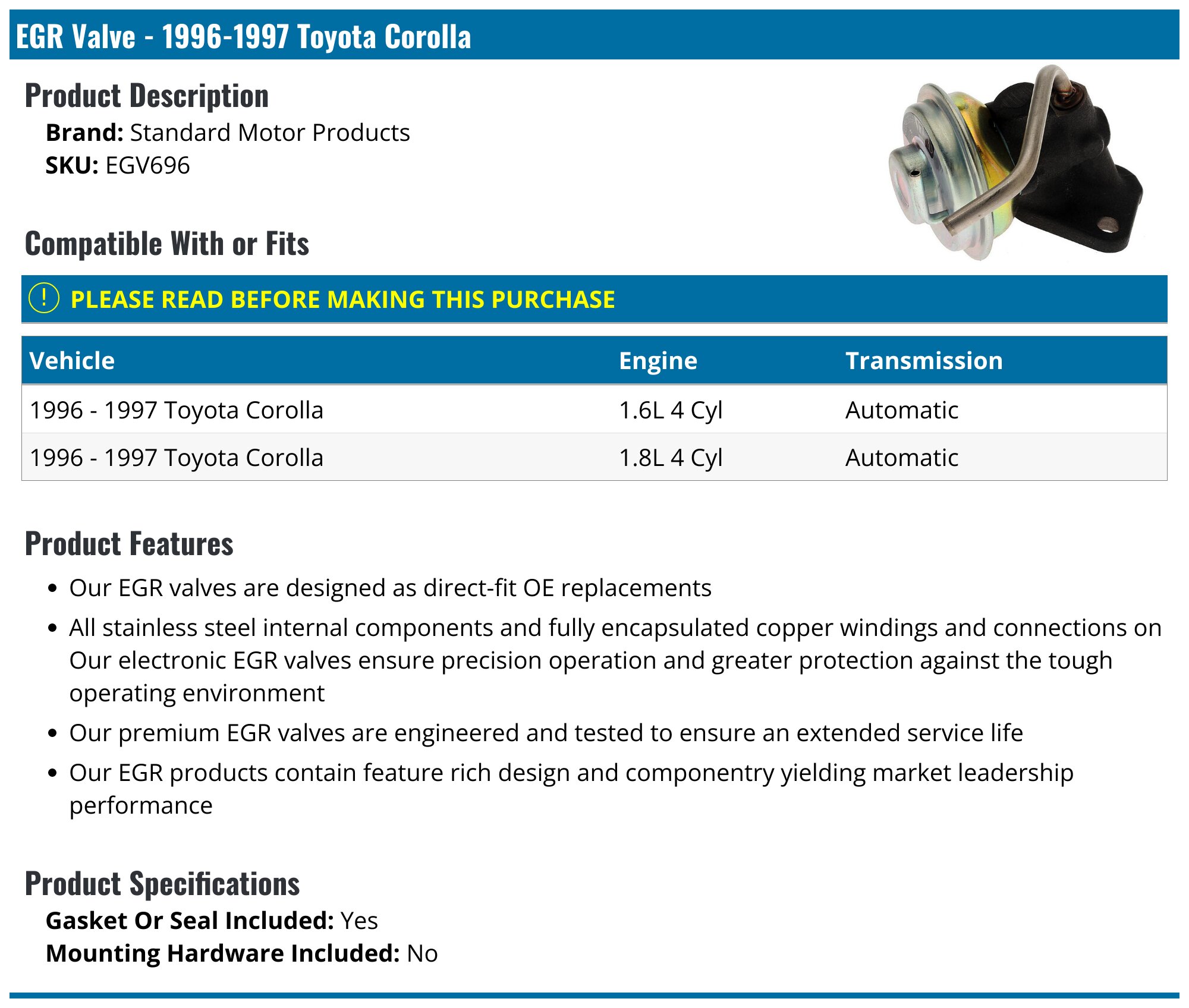 1996-1997 Toyota Corolla EGR Valve - Standard Motor Products EGV696 ...