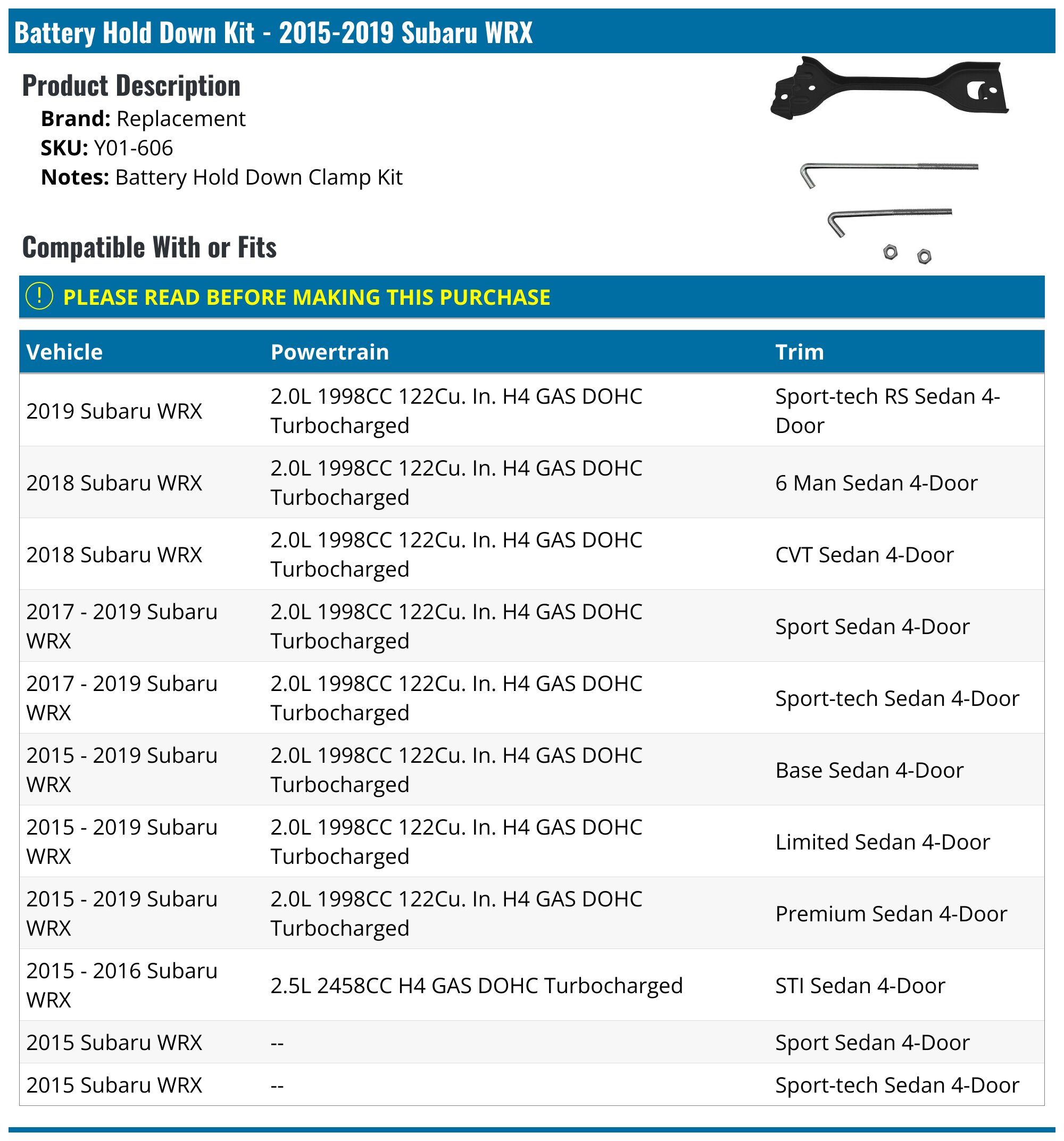 2015-2019 Subaru WRX Battery Hold Down - Replacement Y01-606 ...