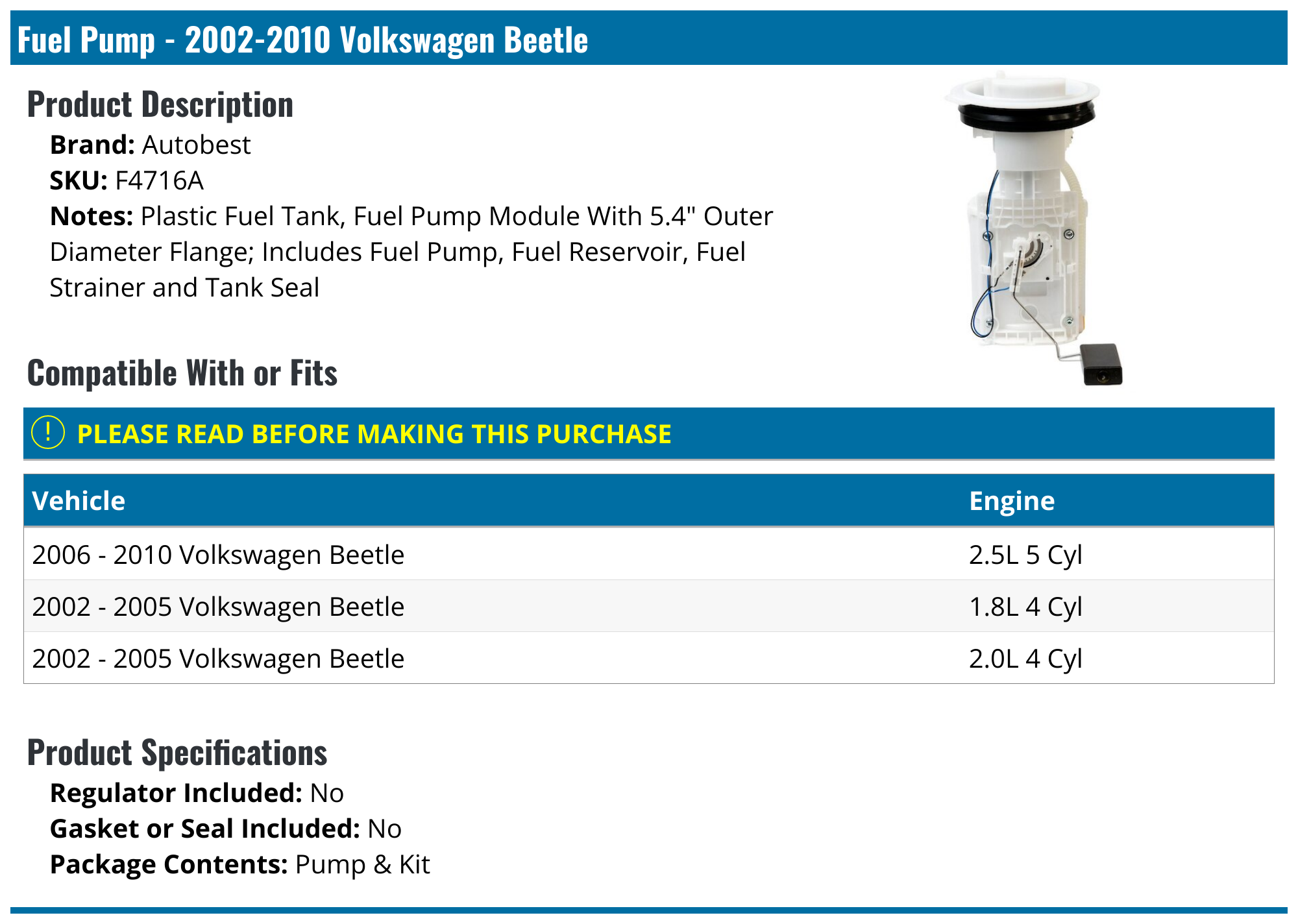 1998-2010 Volkswagen Beetle Fuel Pump - Autobest F4716A - PartsGeek.com