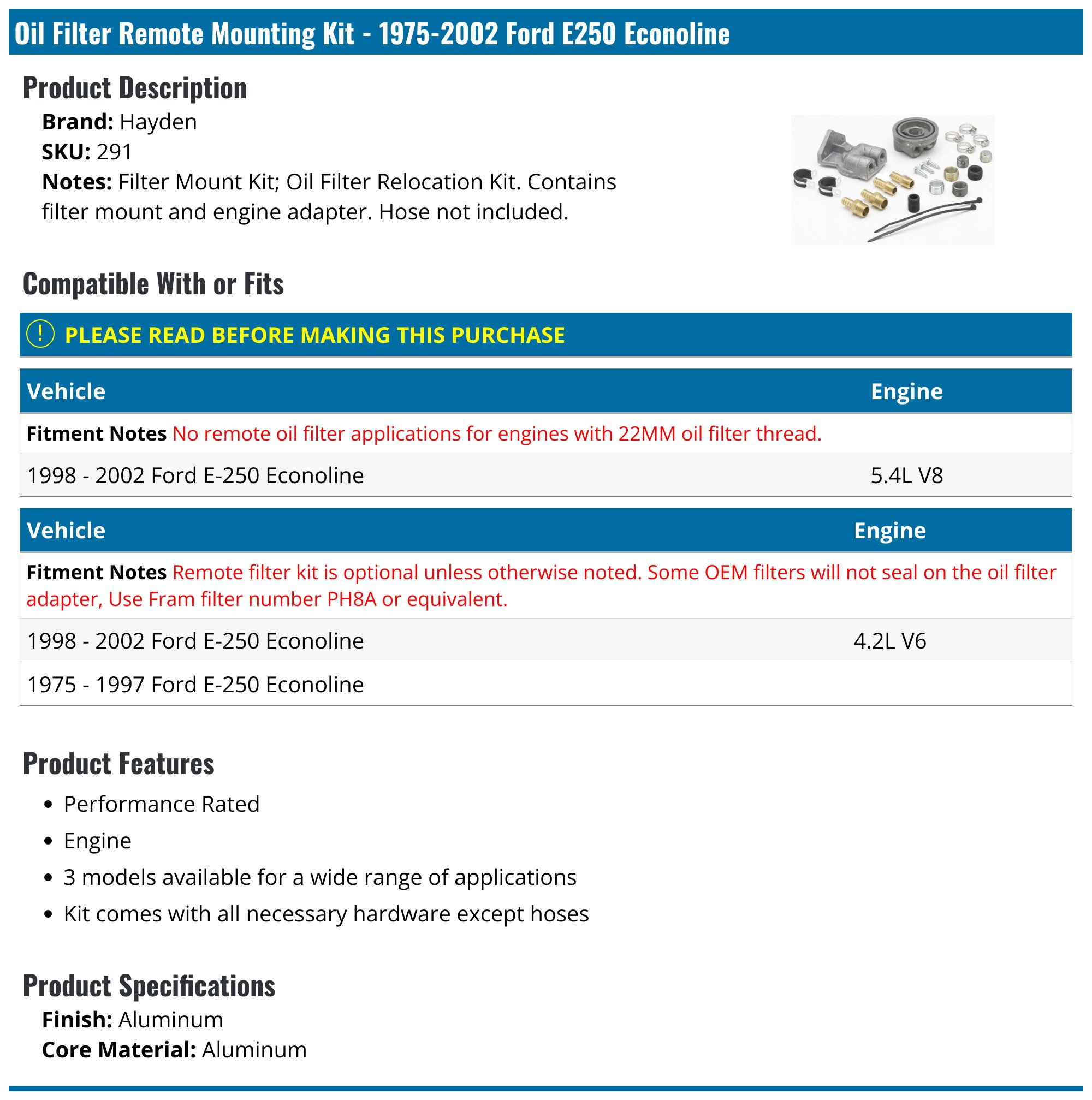 1975-2002 Ford E250 Econoline Oil Filter Remote Mounting Kit - Hayden ...