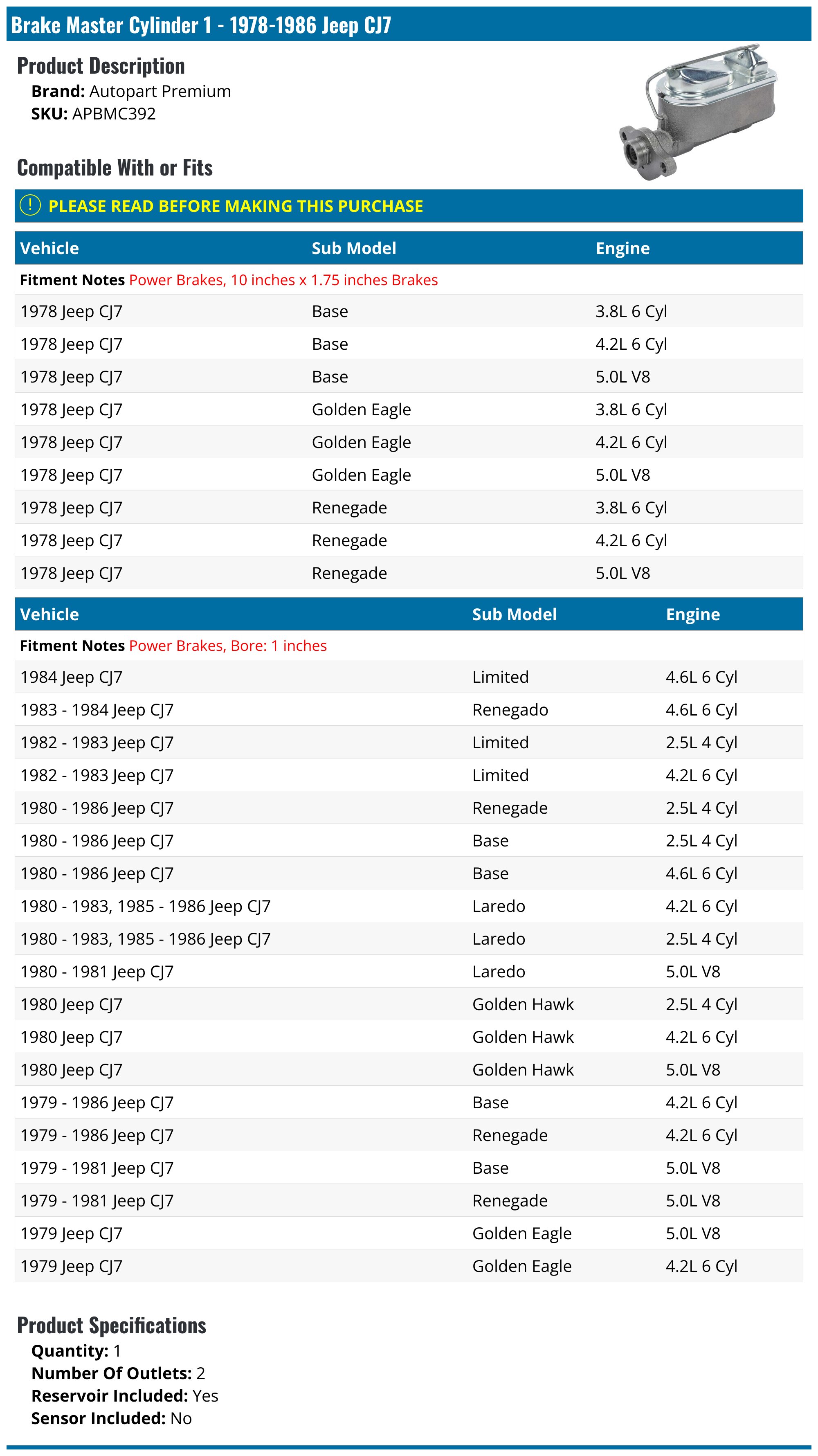 1978-1986 Jeep CJ7 Brake Master Cylinder - Autopart Premium APBMC392 ...