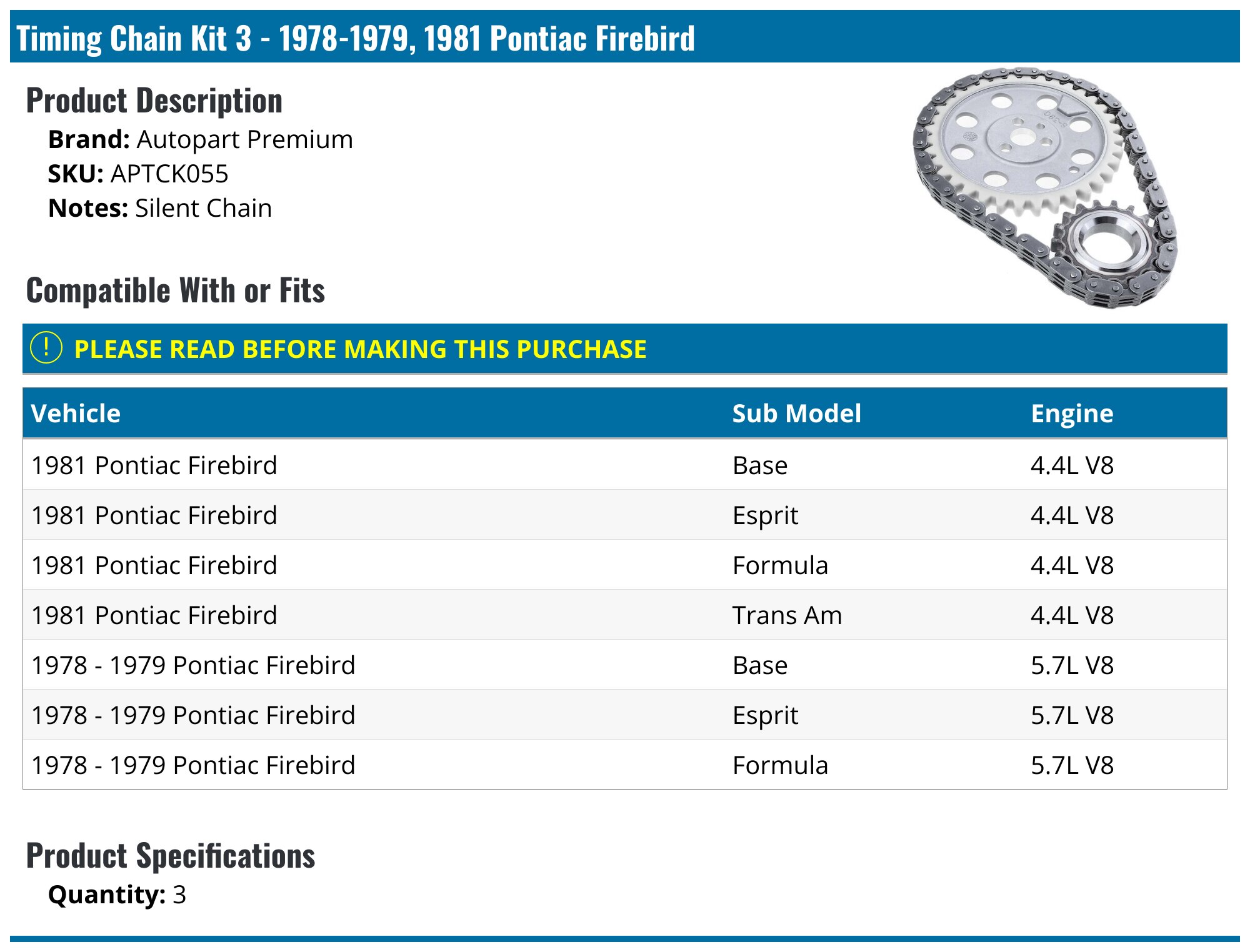 1978-1979, 1981 Pontiac Firebird Timing Chain - Autopart Premium ...
