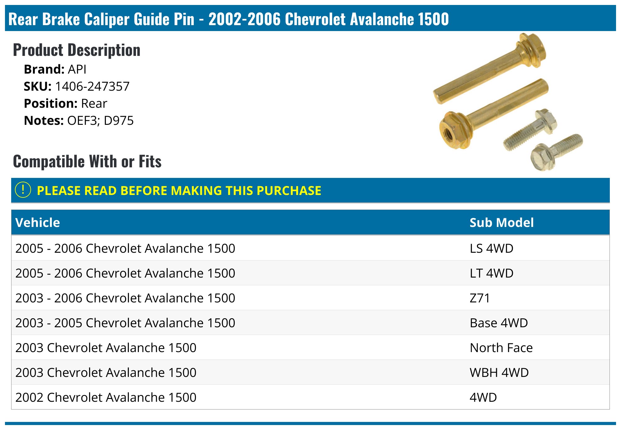2002-2006 Chevrolet Avalanche 1500 Brake Caliper Guide Pin - API 2942 ...