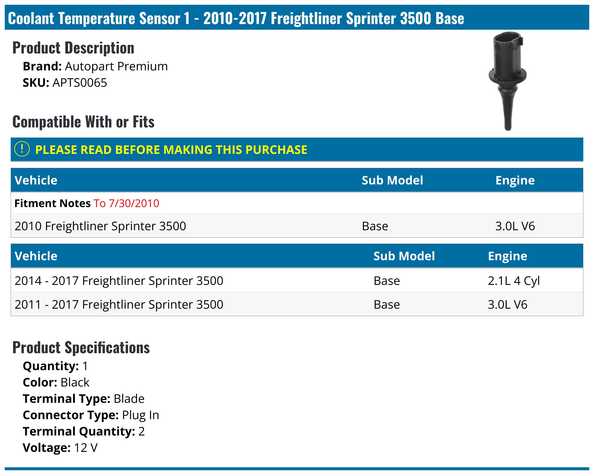 2010-2017 Freightliner Sprinter 3500 Engine Coolant Temperature Sensor ...