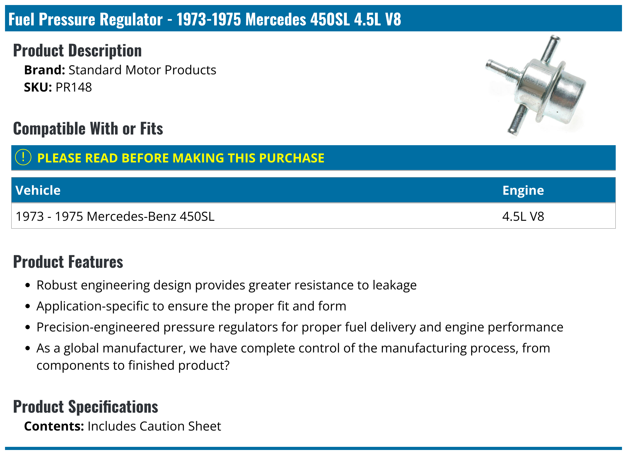 1973-1975 Mercedes 450SL Fuel Pressure Regulator - Standard Motor ...