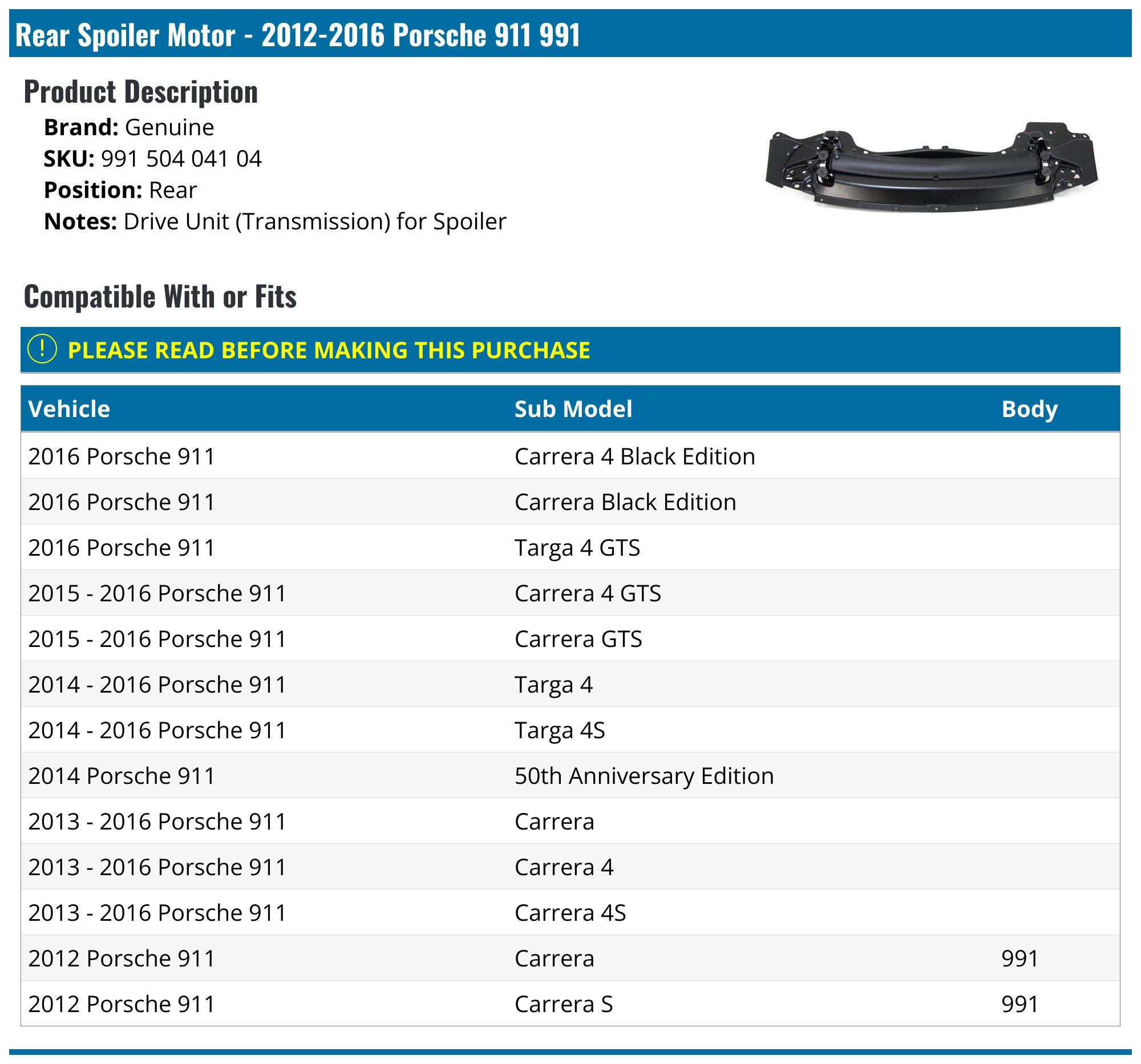 2012-2016 Porsche 911 Spoiler Motor - Genuine 991 504 041 04 - Rear ...